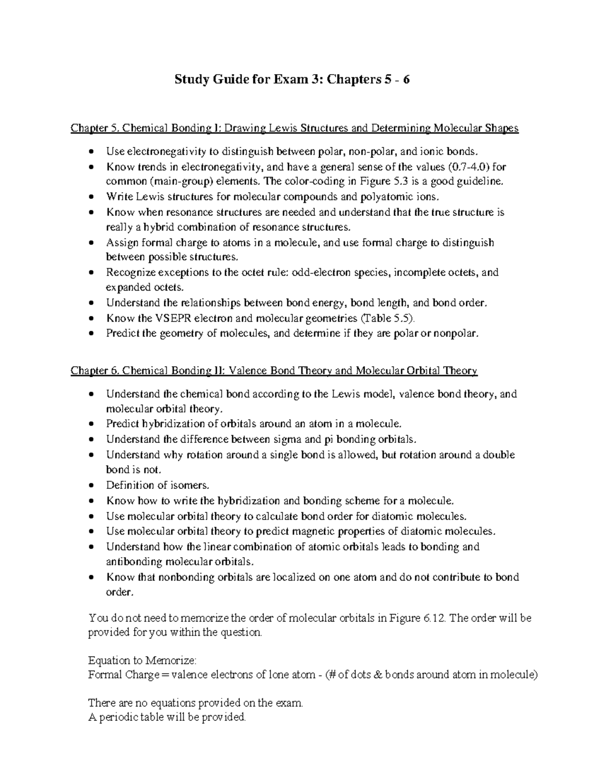 Study Guide for Chemistry Exam 3: Chapters 5-6 Concepts - Study Guide ...