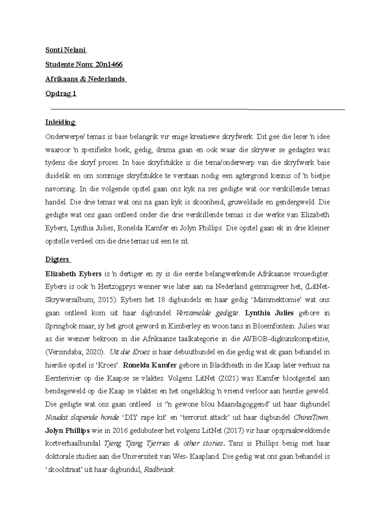 Afrikaans Opdrag 1: Tema-Analise van Gedigte en Gruweldade - Studocu