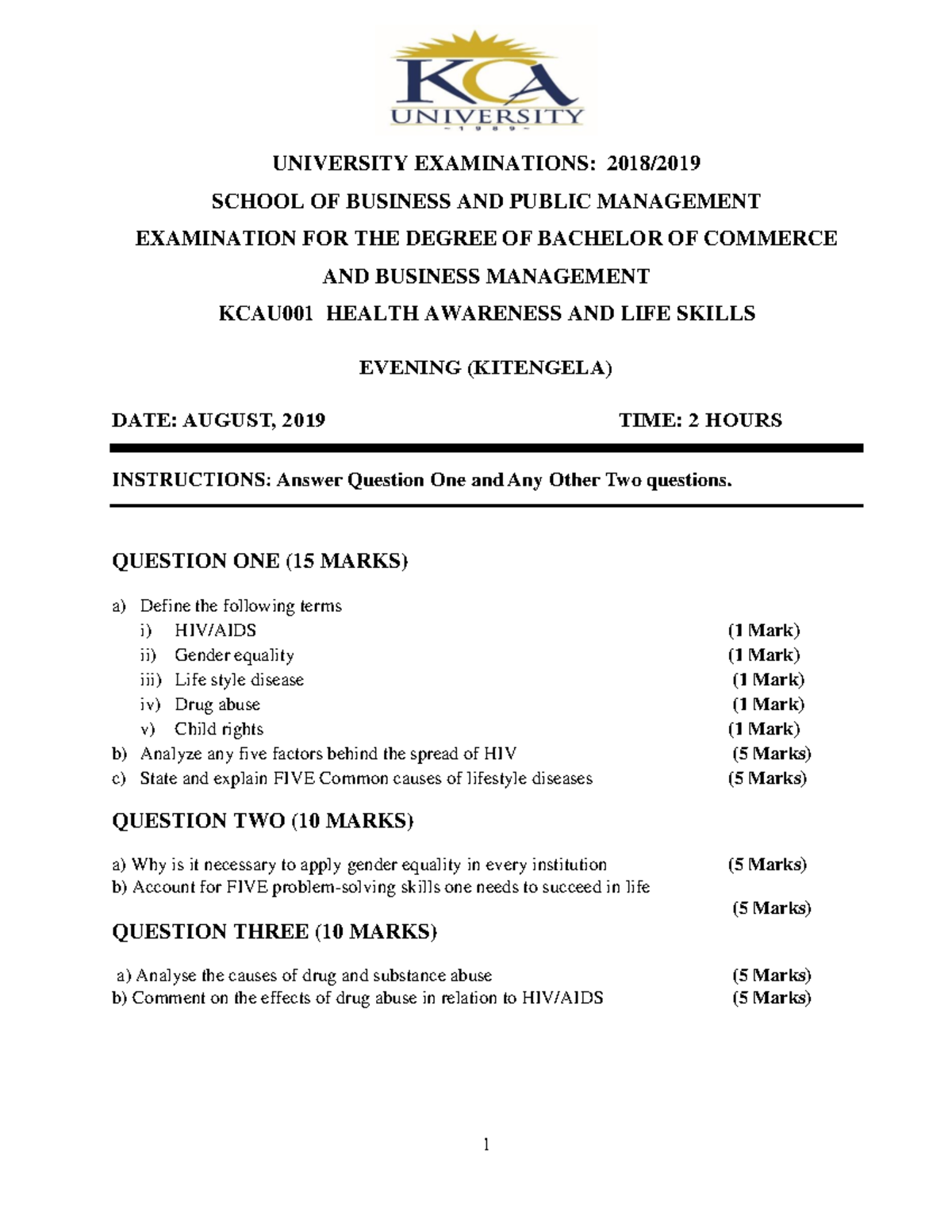 KCAU001 Health Awareness AND LIFE Skillsa - 1 UNIVERSITY EXAMINATIONS ...