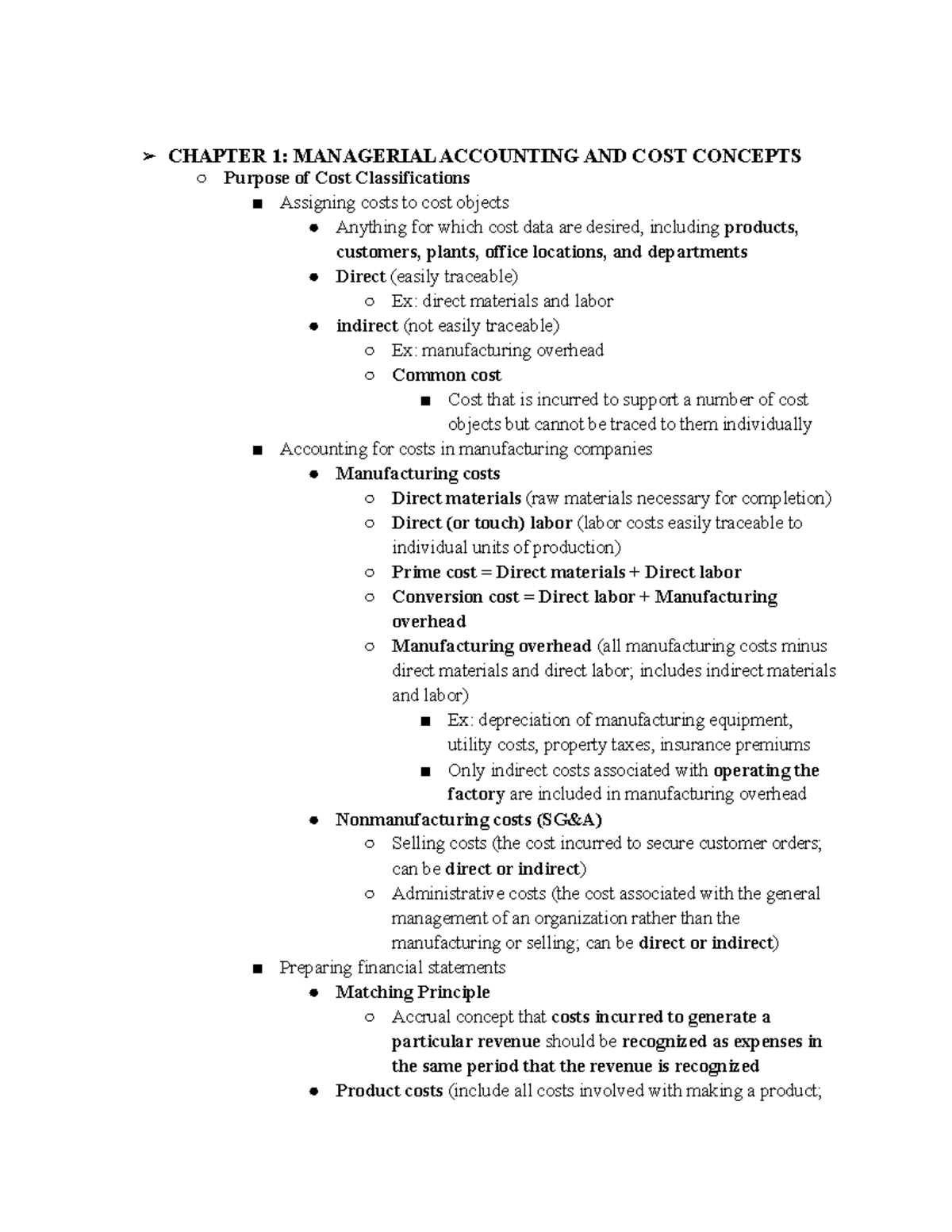 ACC-220-601 Managerial Accounting Chapter Notes: Cost Concepts & Job ...