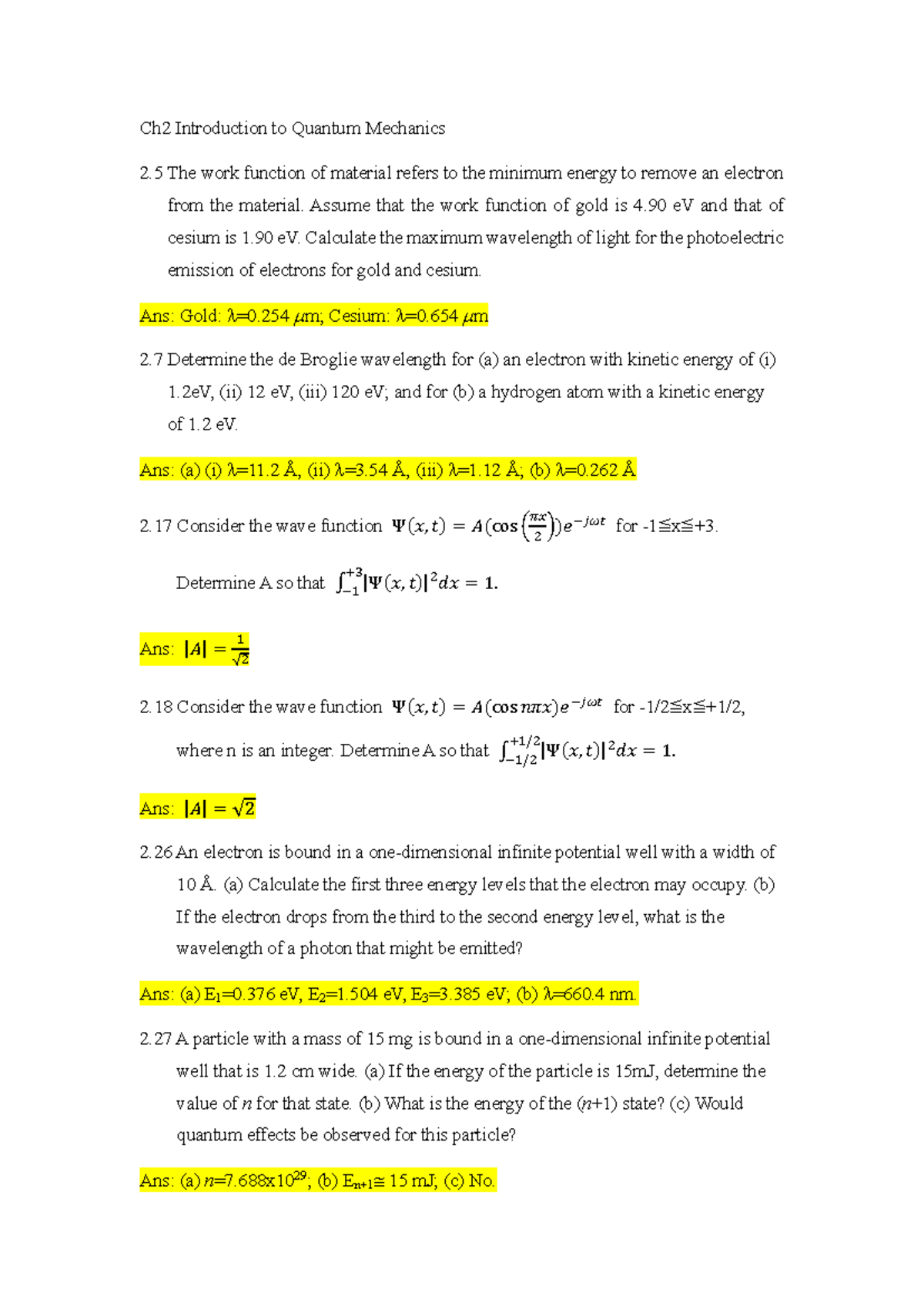 Ch2 Quantum Mechanics: Work Function & Wave Functions Analysis - Studocu