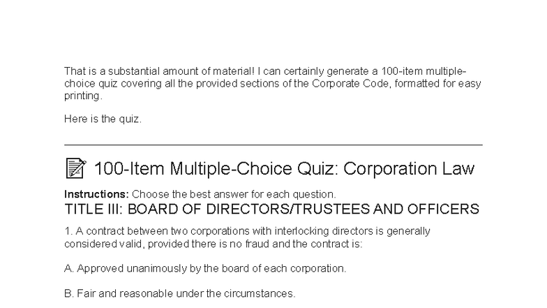 Finals Quiz: Corporate Law (LAW 2) - Multiple Choice Questions - Studocu