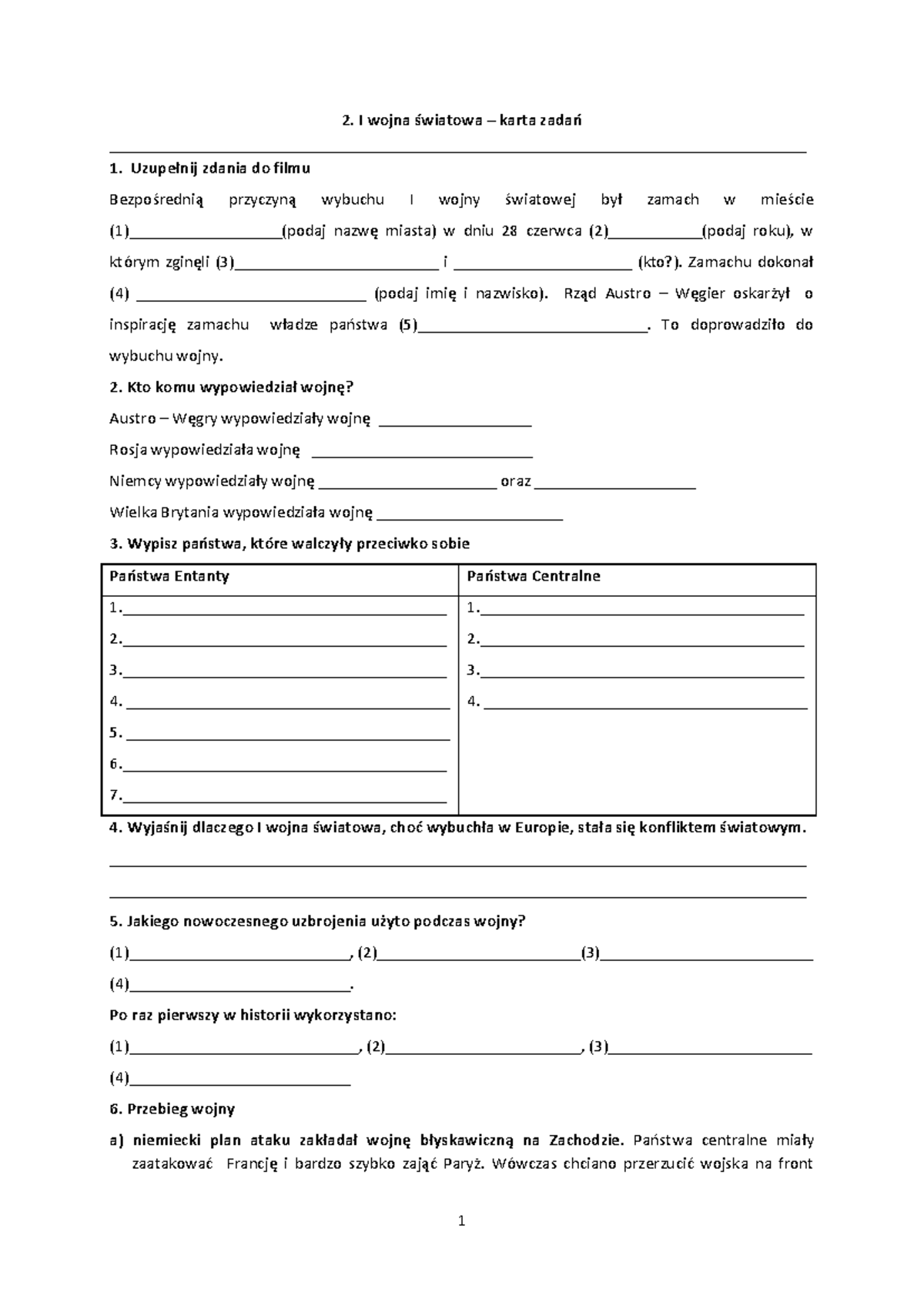I wojna światowa - Karty pracy i zadania do filmu - Studocu