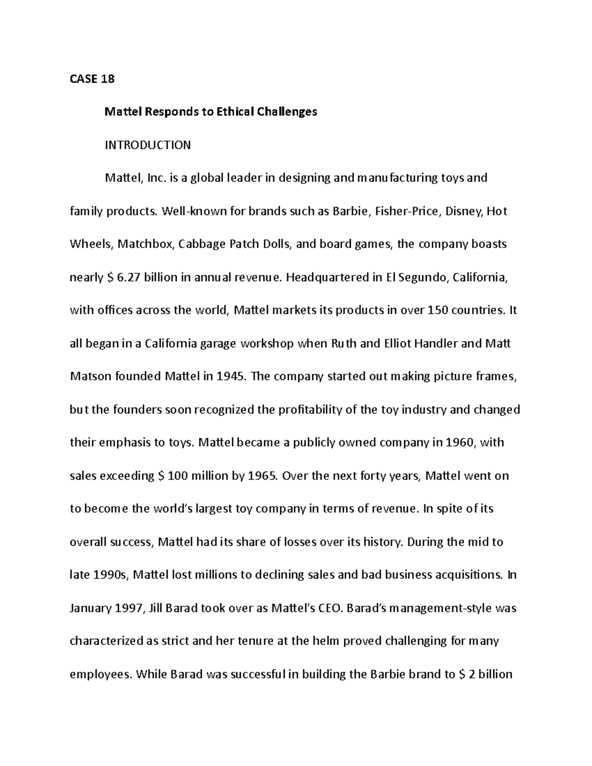 AP-SOSC-2340 Case Study on Mattel: Navigating Ethical Challenges - Studocu
