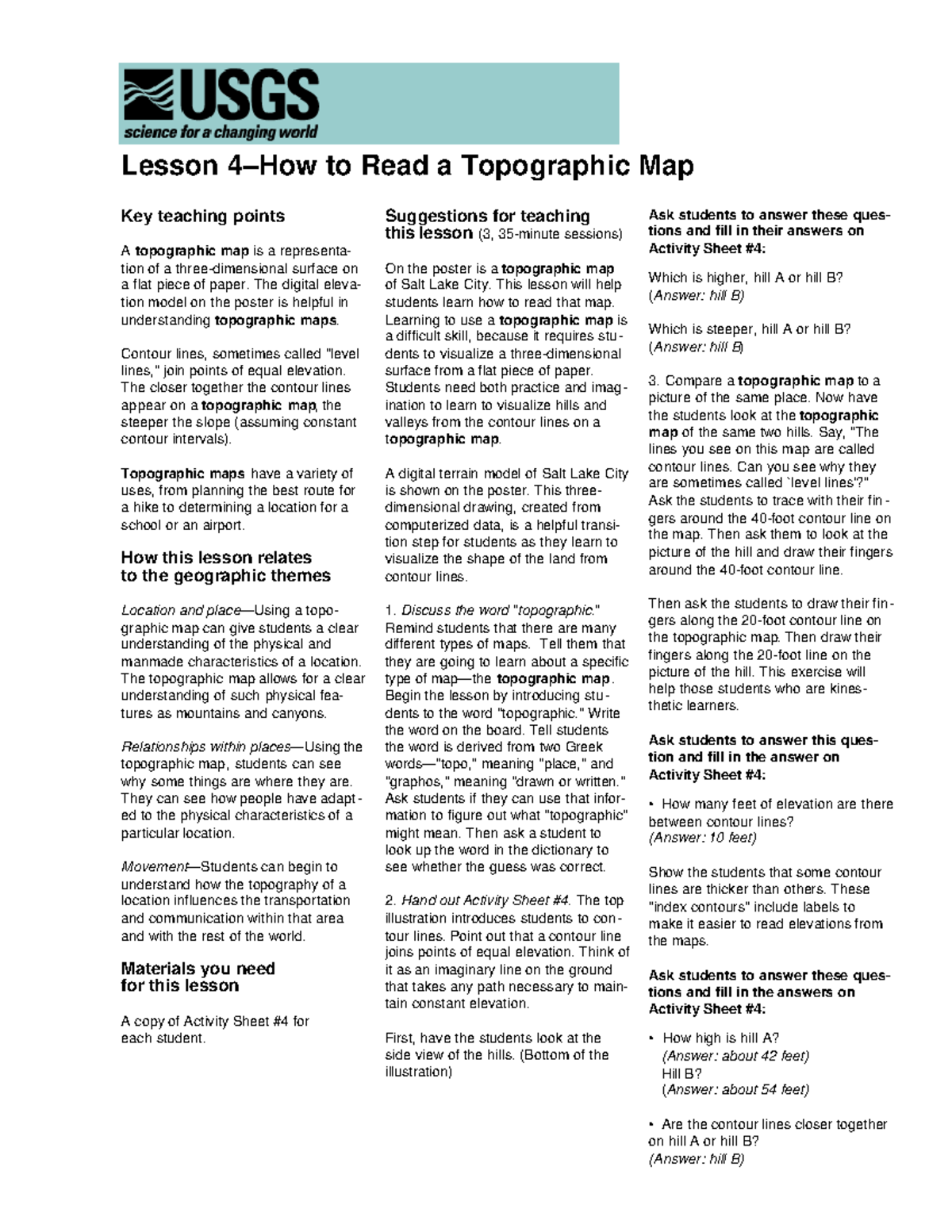 Lesson 4: How to Read a Topographic Map (Activity Sheet #4) - Key ...