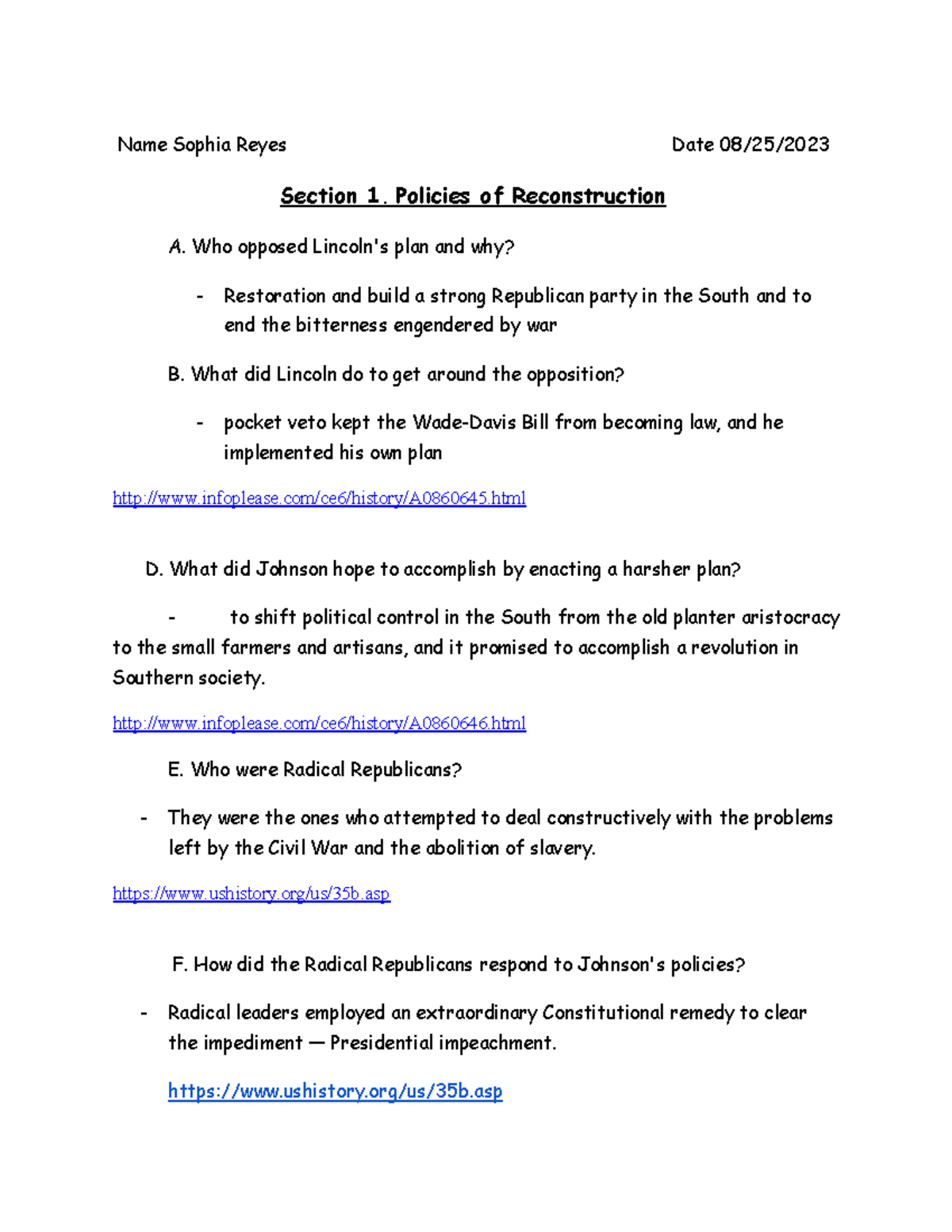 Reconstruction Webquest- Students - Name Sophia Reyes Date 08/25 ...