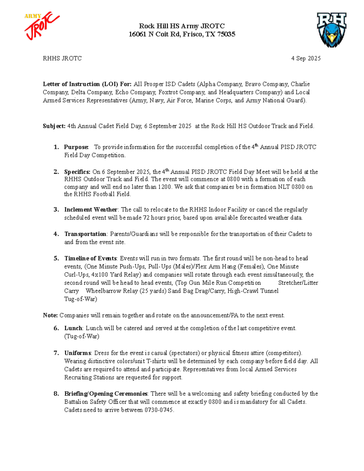 Cadet Field Day 2025 Instructions for PISD JROTC (RHHS) - Studocu