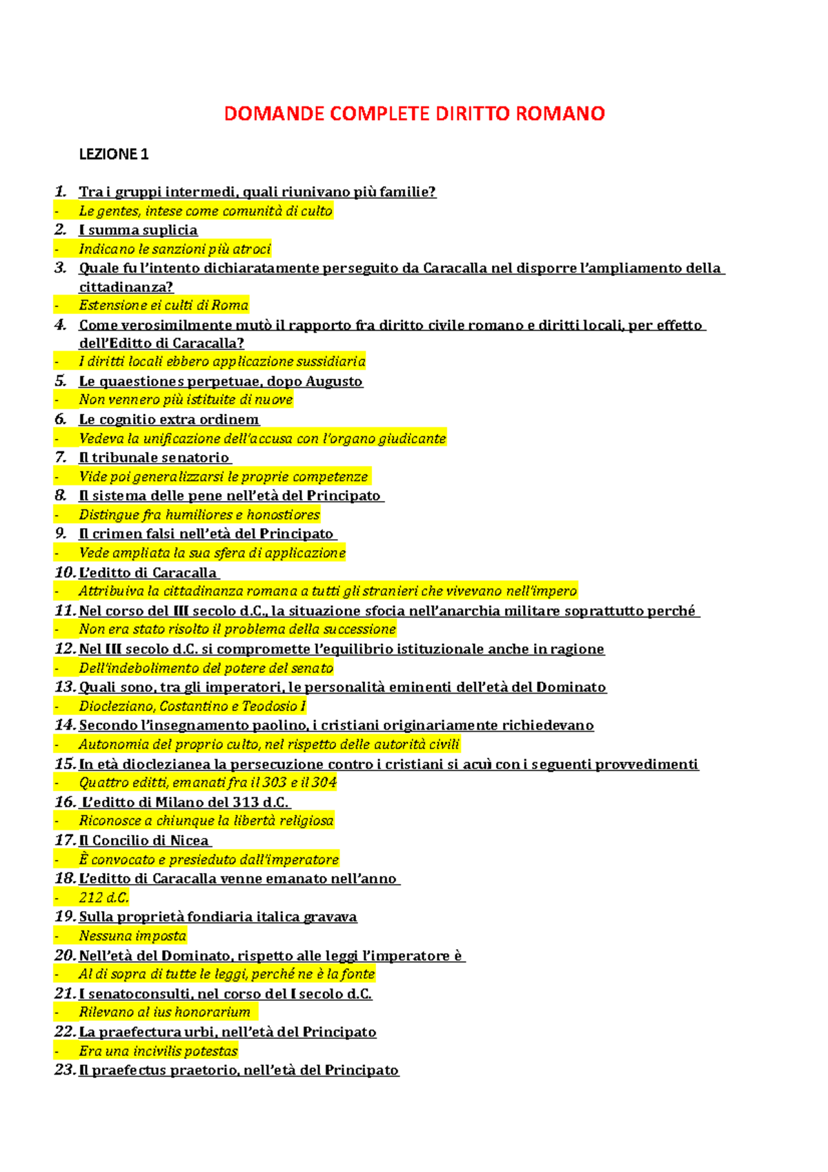 Domande Complete di Diritto Romano - Corso DRI 101 - Studocu
