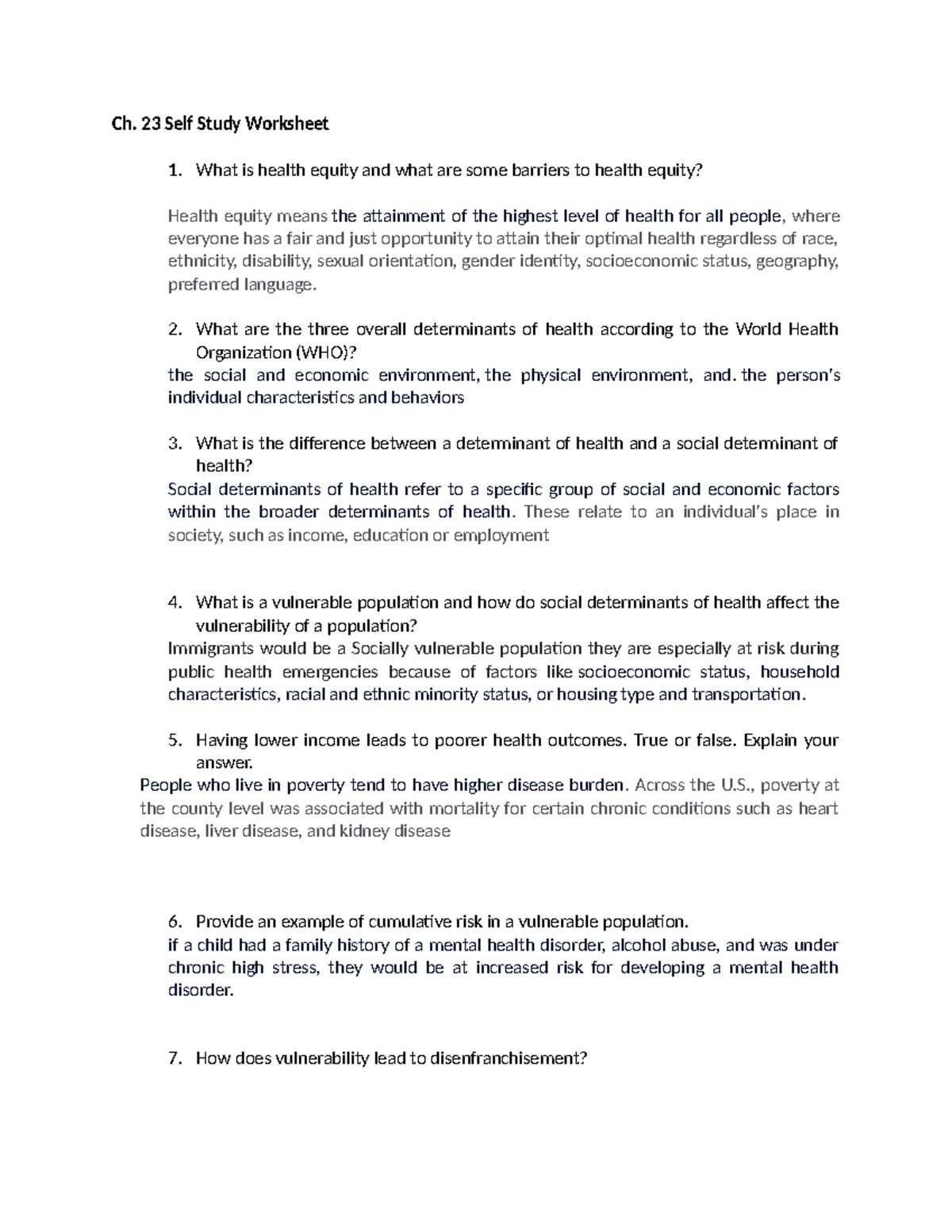 Ch. 23 Self Study Worksheet - Understanding Health Equity and ...