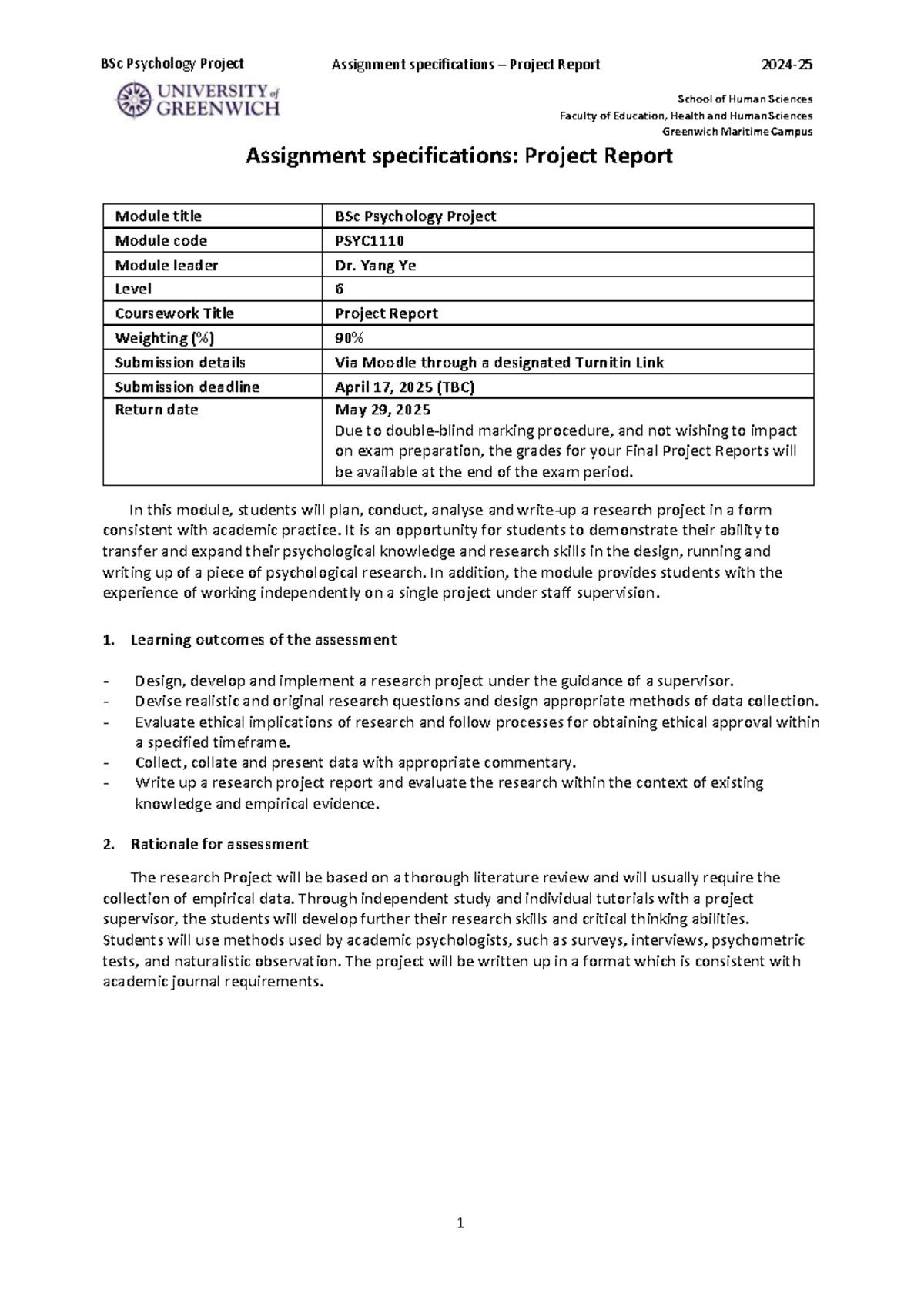 BSc Psychology PSYC1110 Project Report Guidelines 2024-25 - Studocu