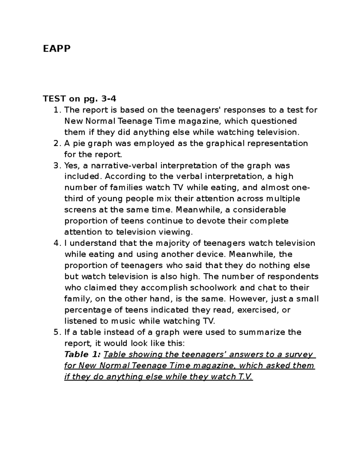 EAPP - Summarizing Findings - EAPP TEST on pg. 3- 1. The report is ...