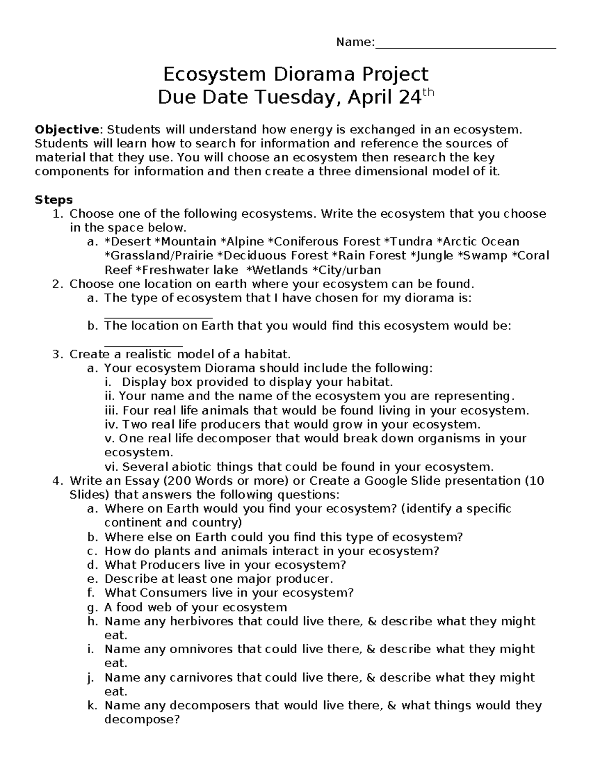 Ecosystem Diorama Project (Due April 24) - Guidelines & Grading Rubric ...