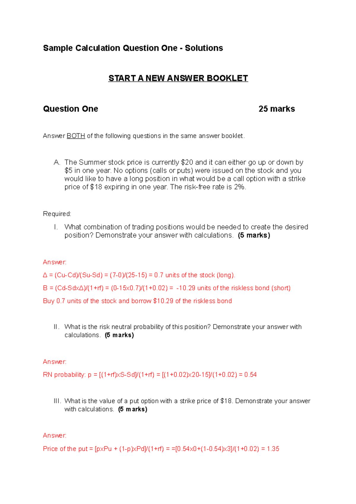 FINC 2012 Sample Calculation Question One - questions + Solutions ...