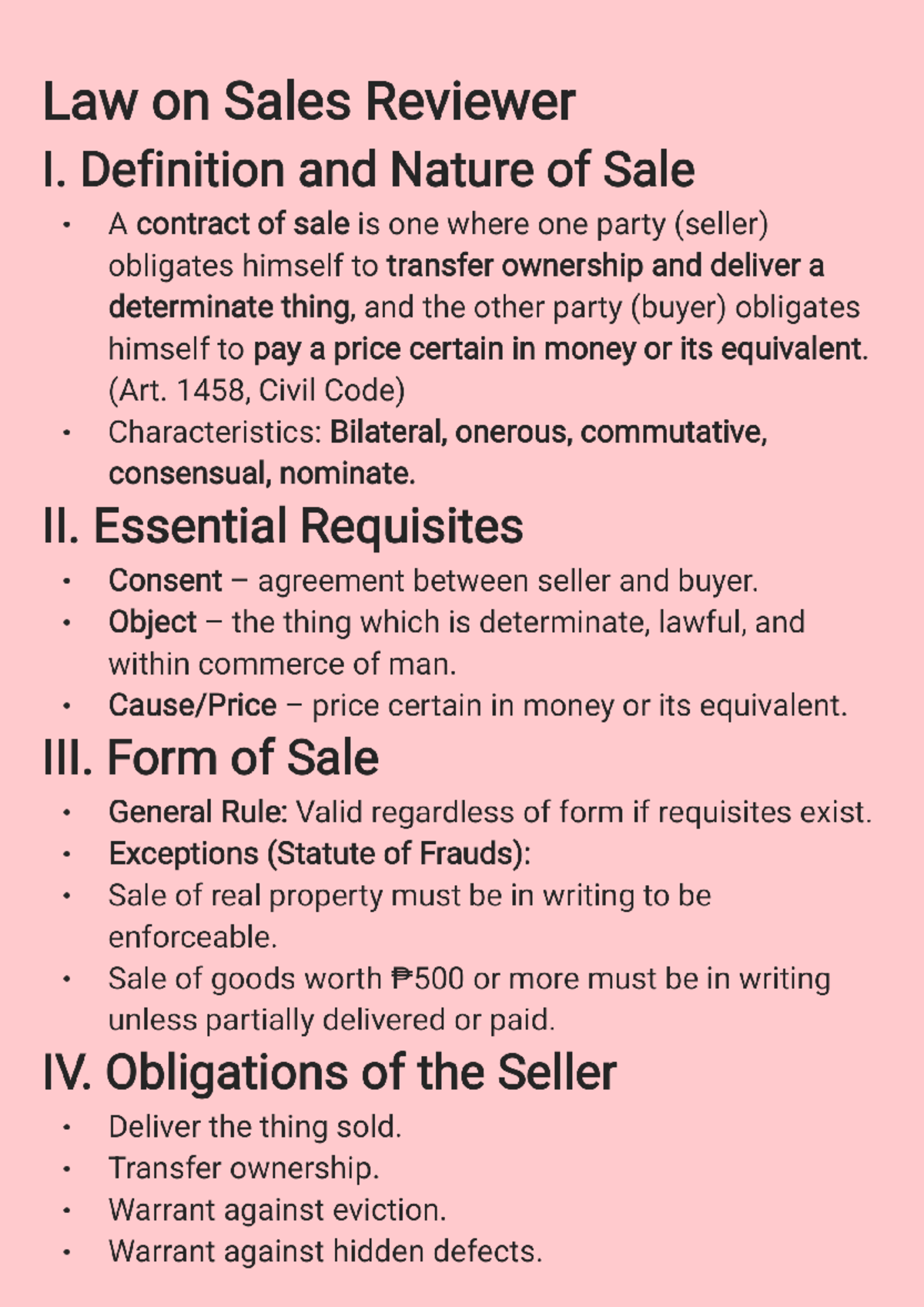 Law on Sales Reviewer I: Key Concepts and Obligations - Studocu