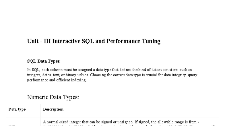 Unit 3: Interactive SQL & Performance Tuning - Data Types Overview ...