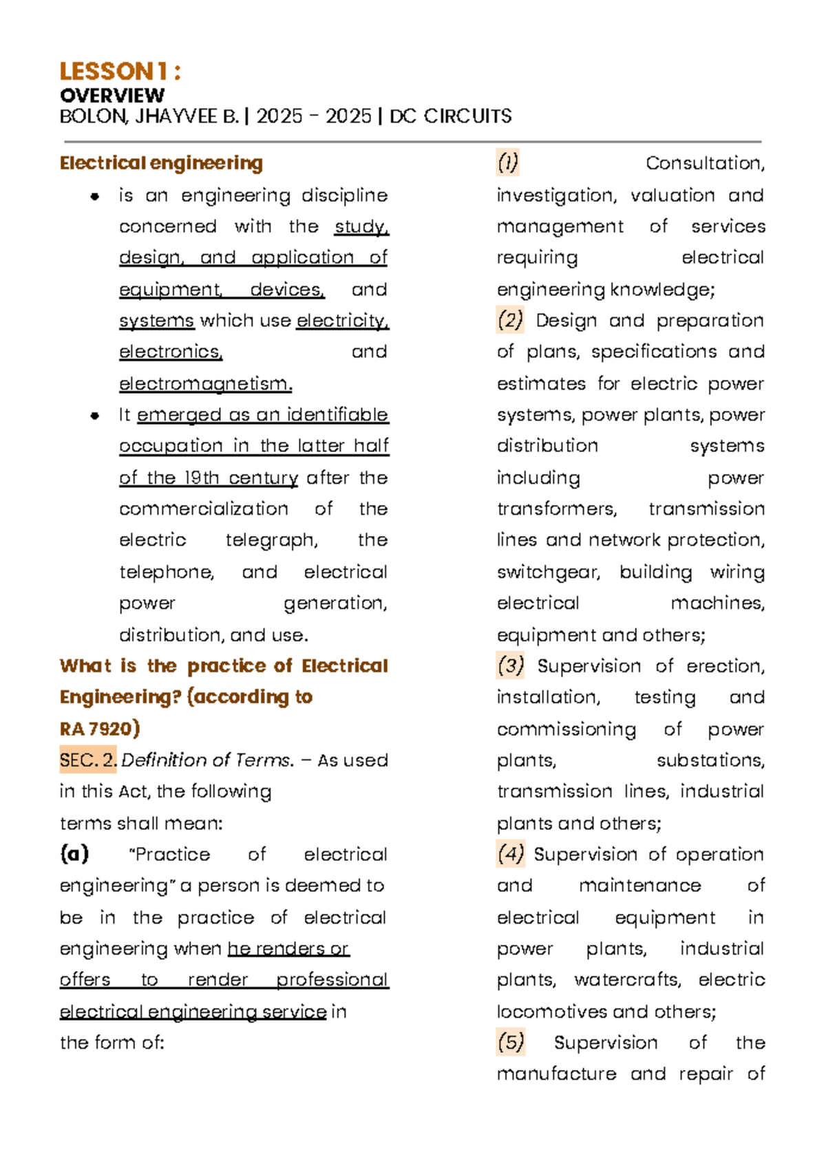 Electrical Engineering 1: Lesson 1 Overview by Bolon, Jhayvee B. 2025 ...