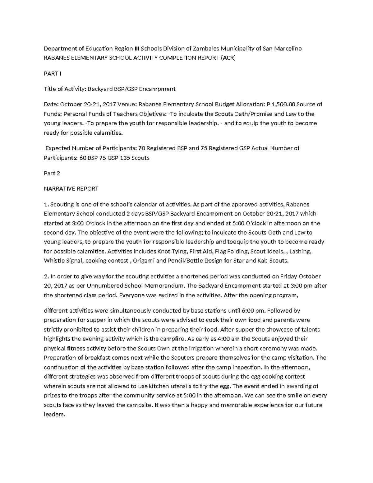 ACR: Backyard BSP/GSP Encampment Activity Report (Oct 20-21, 2017) - Studocu