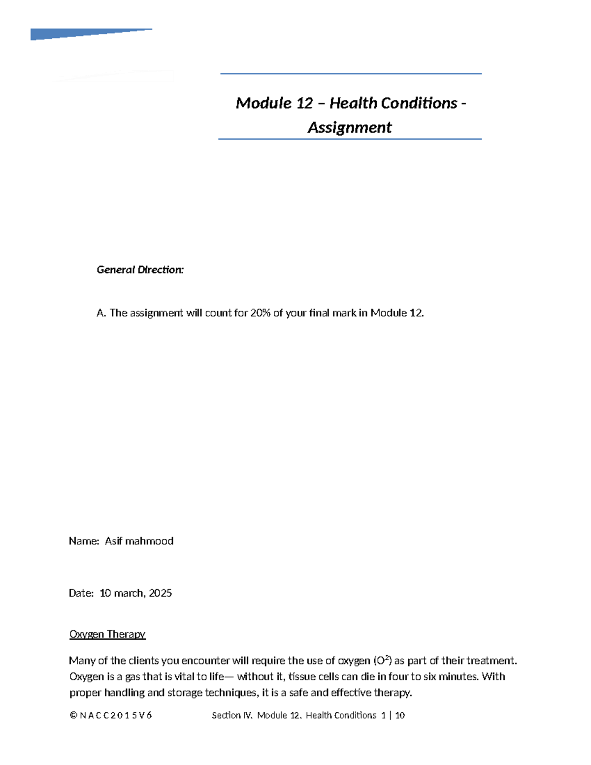 IV-12 Assigmt - Module 12 Health Conditions - Module 12 – Health ...