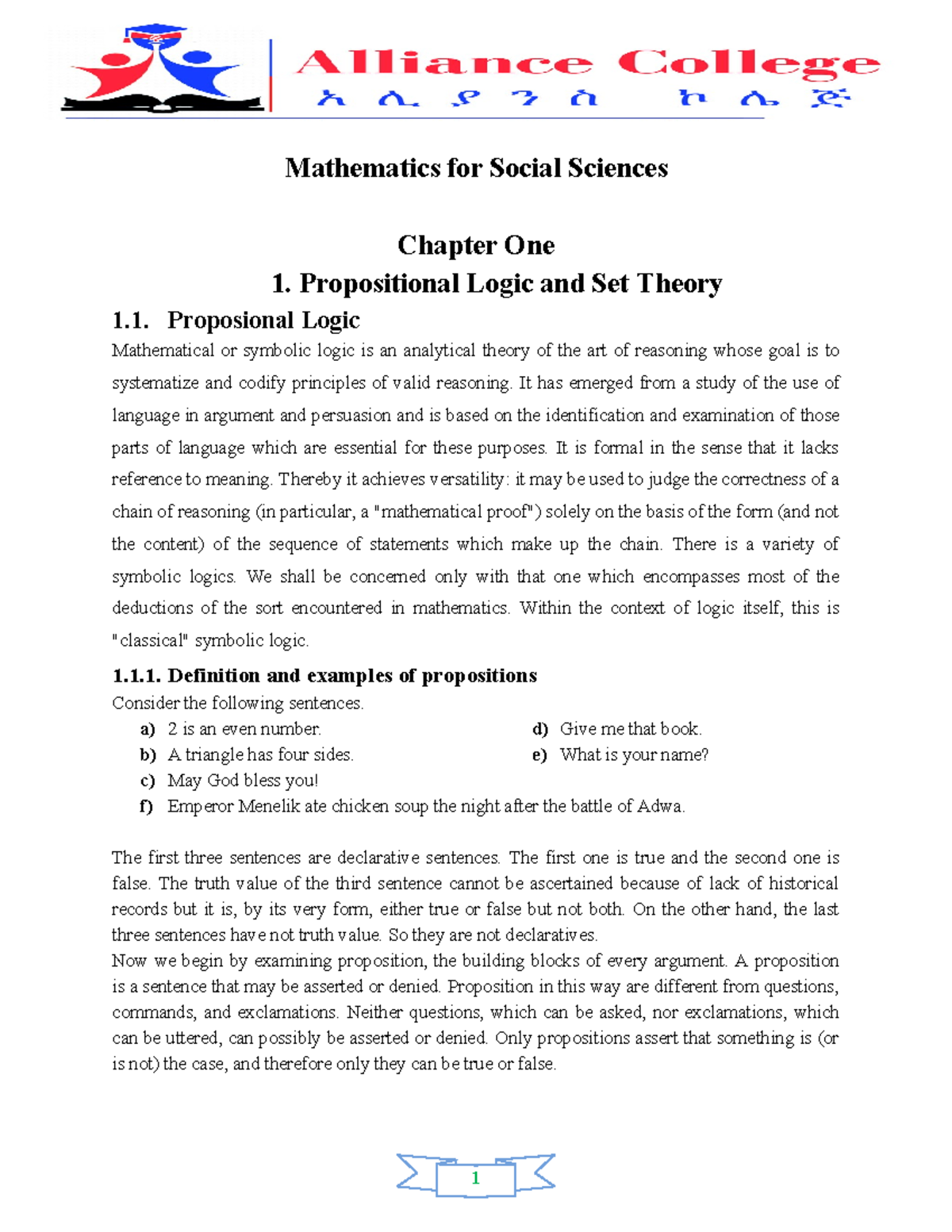 Mathematics for Social Sciences: Chapter 1 - Propositional Logic & Set Theory - Studocu