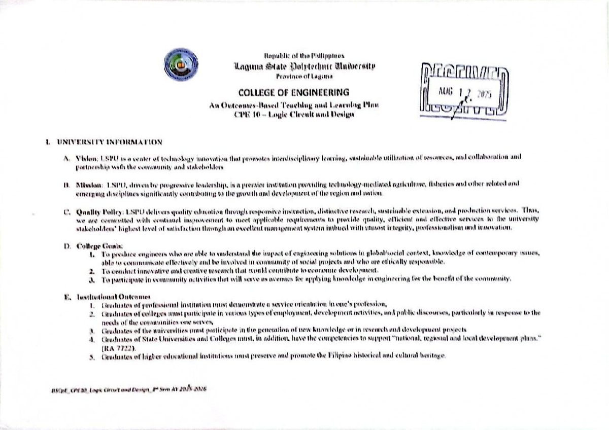 BSCpE CPE10 - Logic Circuit and Design Teaching & Learning Plan - Studocu