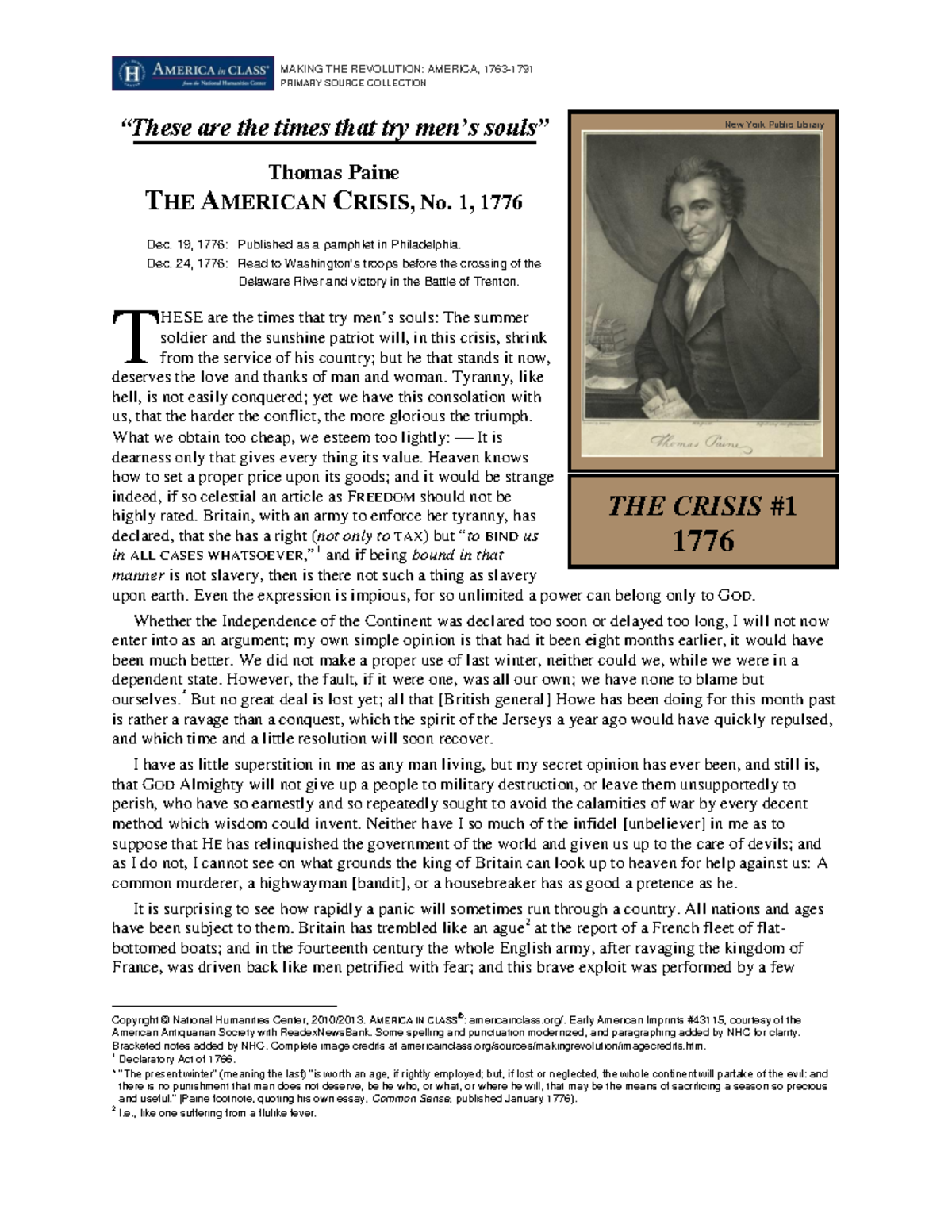 The American Crisis #1 (1776) - Thomas Paine's Key Insights - Studocu