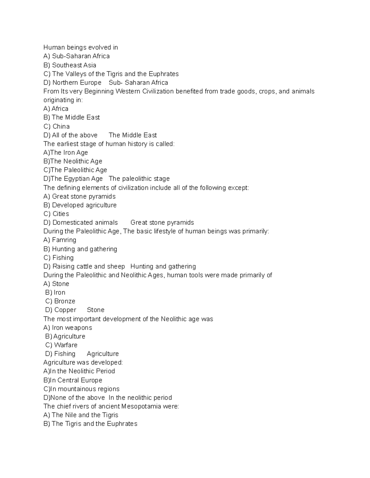 History 150- Zhuk - test answers(test 1) - Human beings evolved in A ...