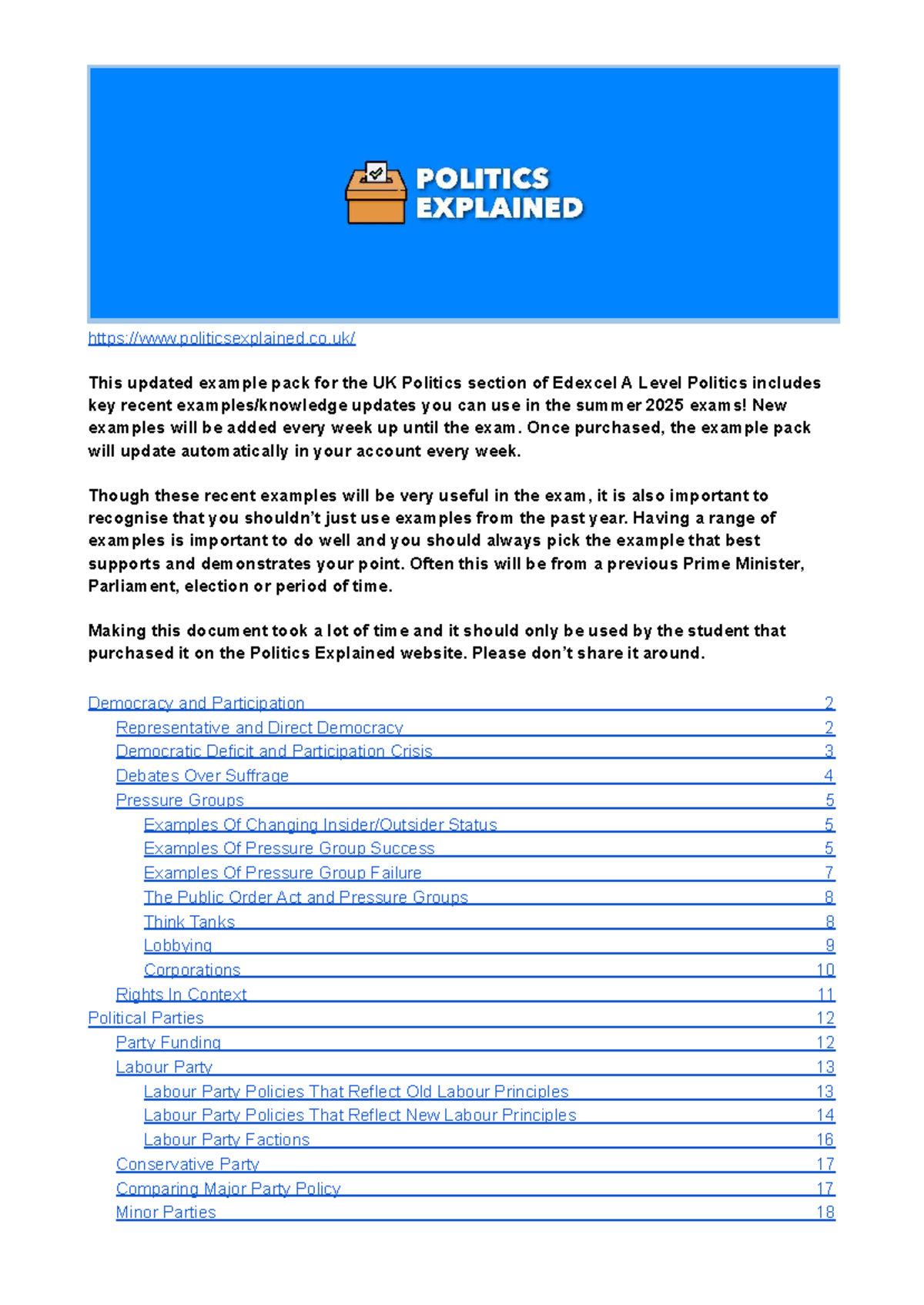 Edexcel A Level Politics Updated Example Pack 2025 for UK Politics - Studocu