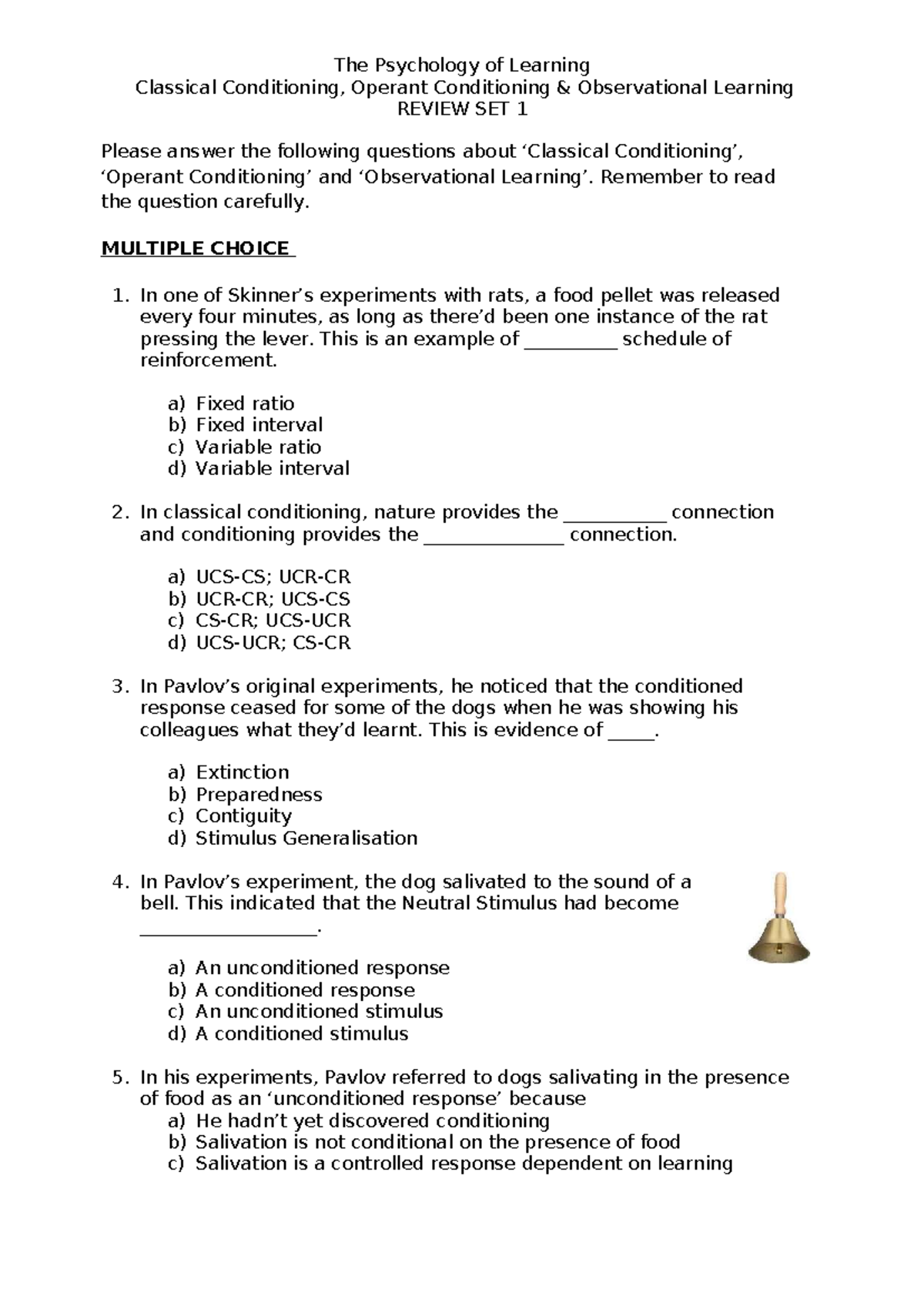 Psychology 101: Classical Conditioning & Learning Review Set 1 - Studocu
