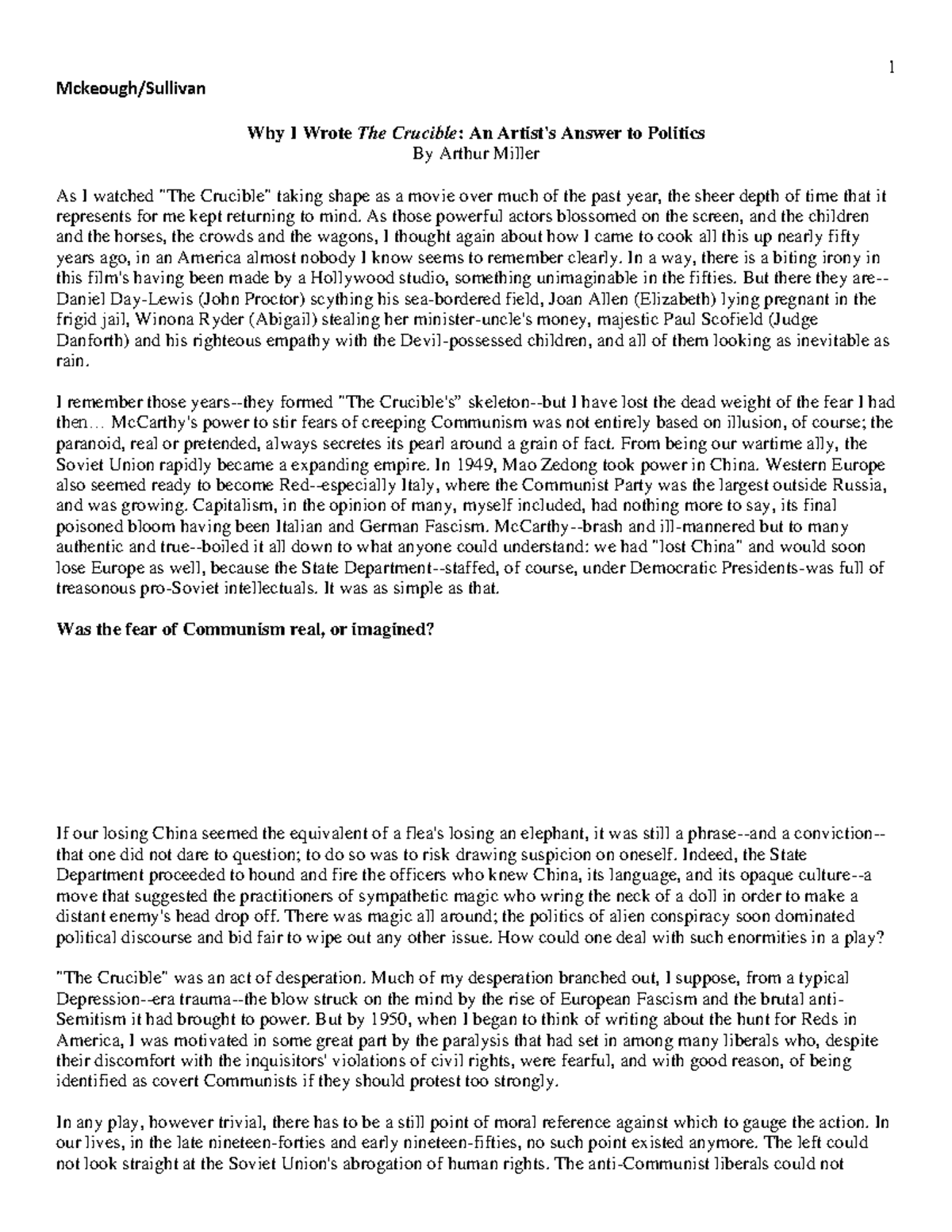 Why I Wrote The Crucible: Examining Miller's Artistic Choices - Studocu