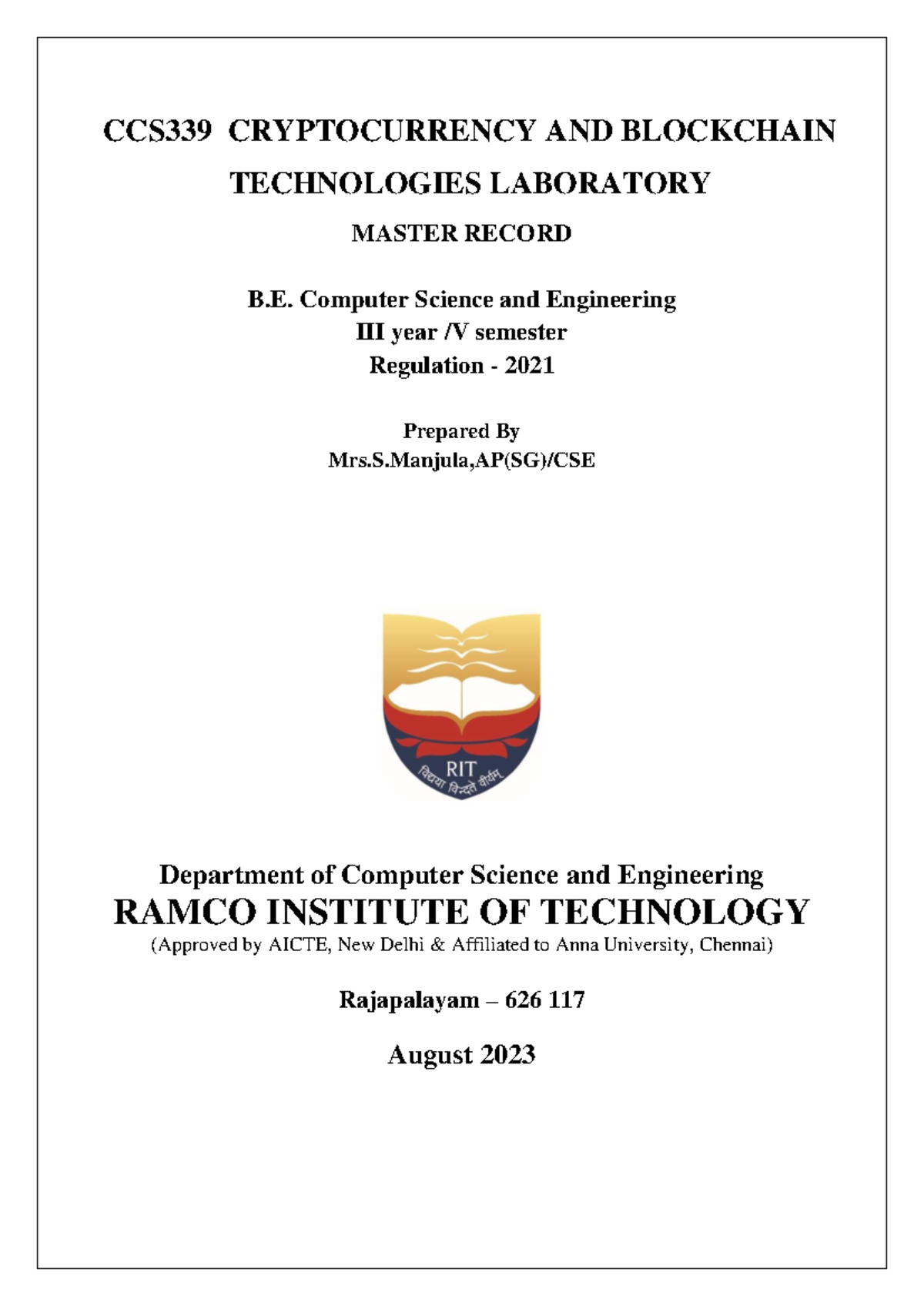 CCS339 Lab Manual: Blockchain & Cryptocurrency Technologies - Studocu
