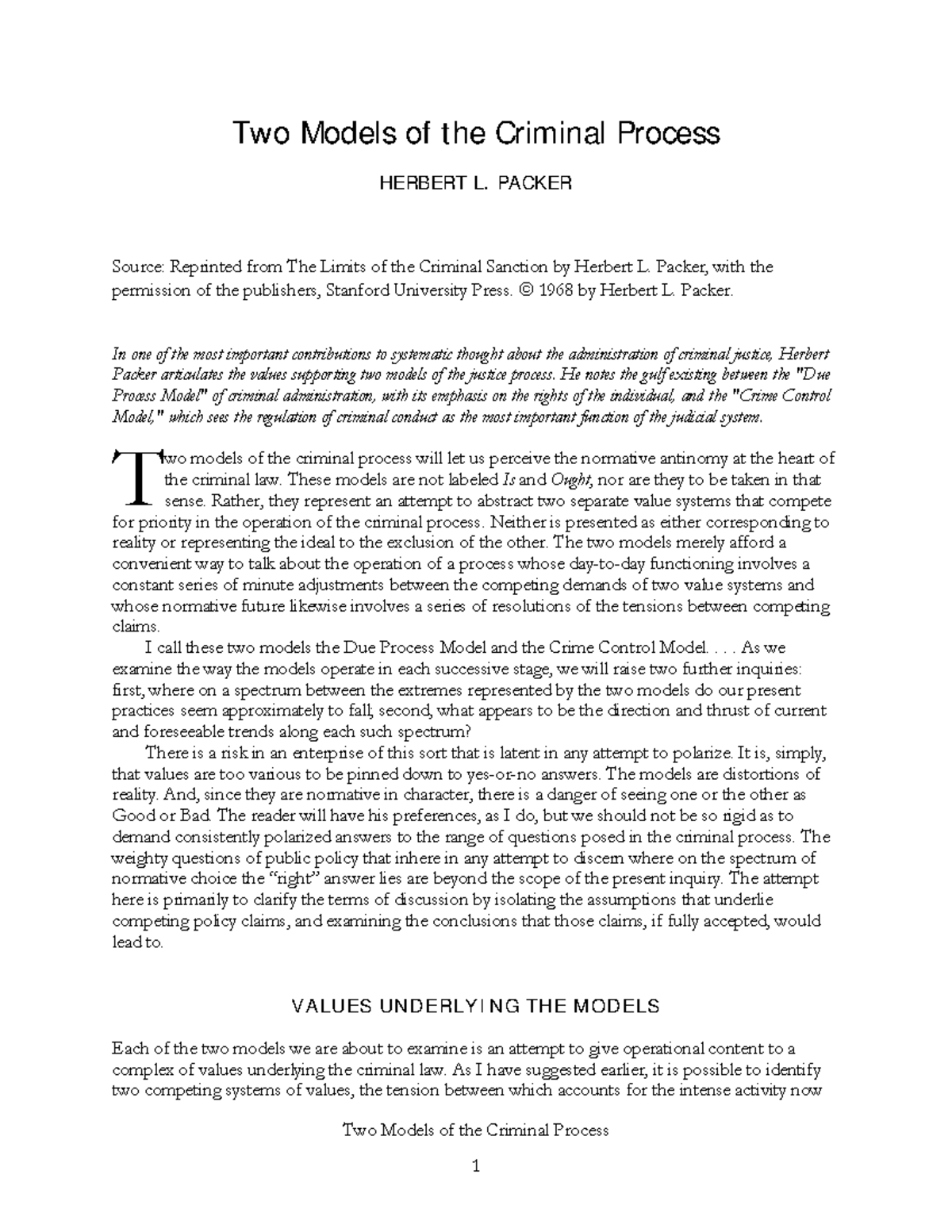 Analyzing Packer's Due Process and Crime Control Models in Criminal ...