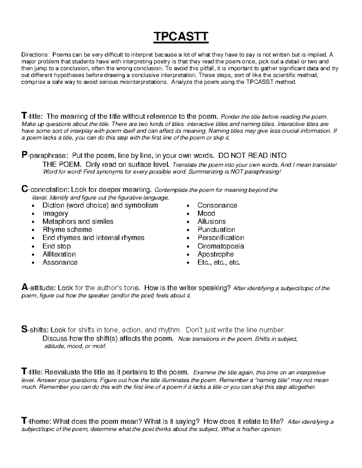 TPCASTT Guide for Analyzing Poetry in English 9 - Studocu