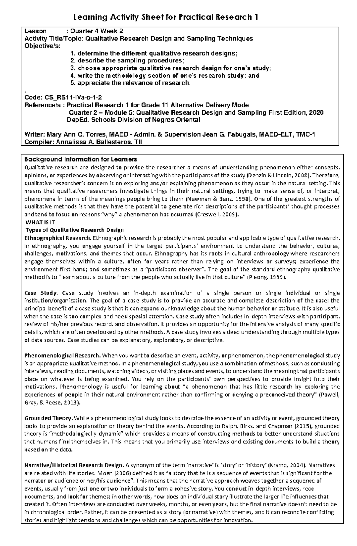 PR1 LAS Qualitative Research Design & Sampling Techniques Overview - Studocu