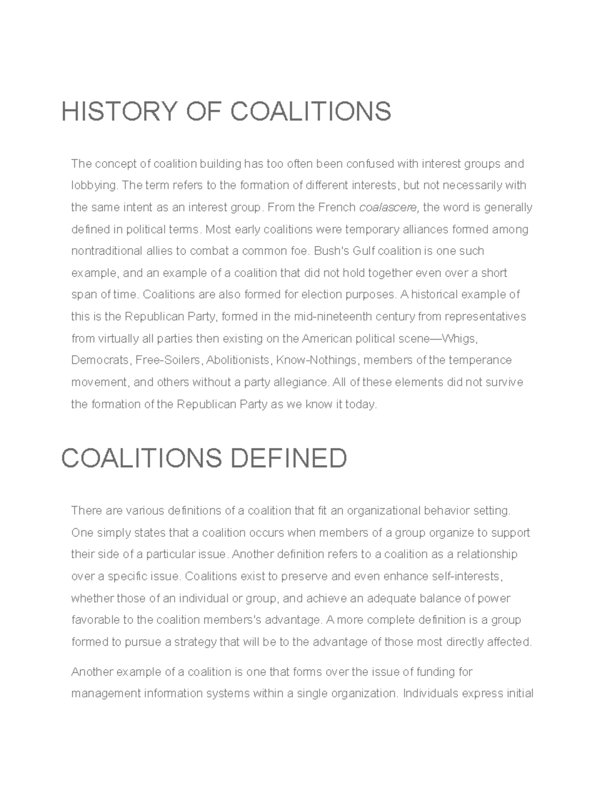 History OF Coalitions - HISTORY OF COALITIONS The concept of coalition ...