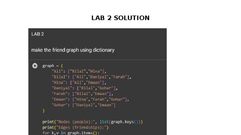 AI LAB 2 - Friend Graph Implementation Using Dictionary - Studocu