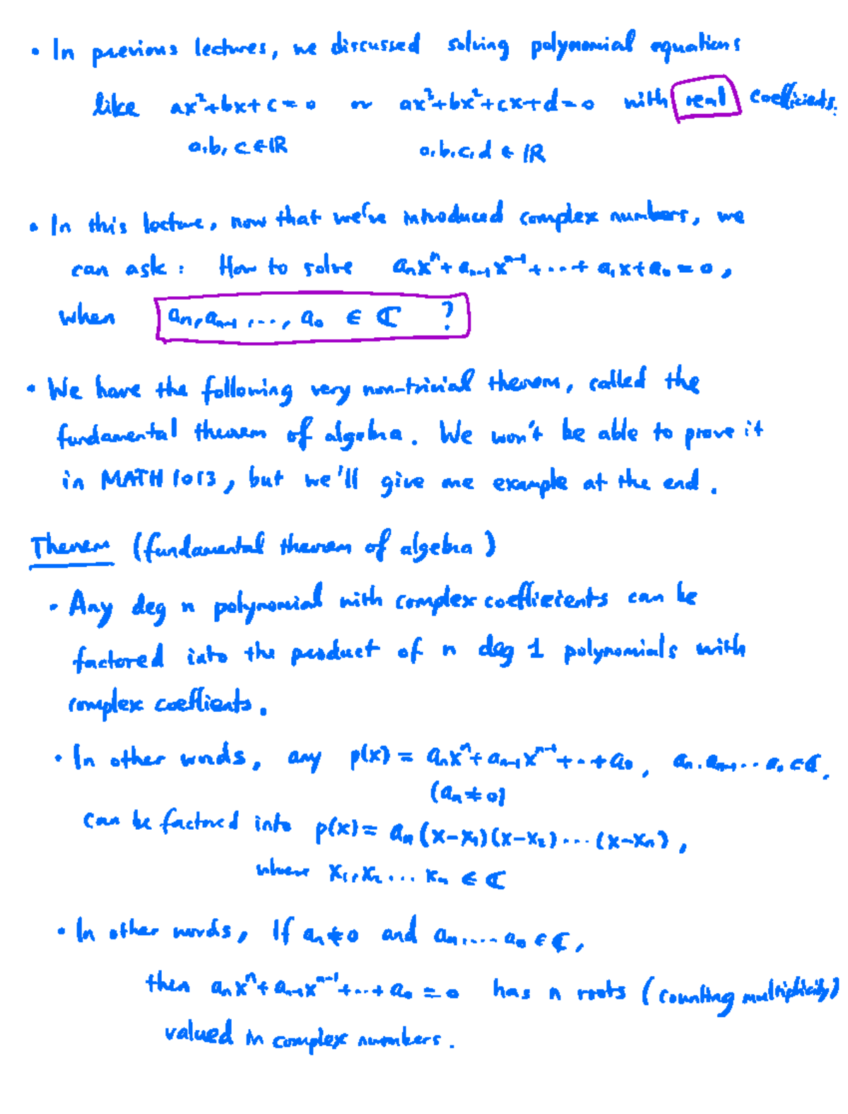 MATH1013 Lecture Notes: Solving Polynomial Equations with Complex ...