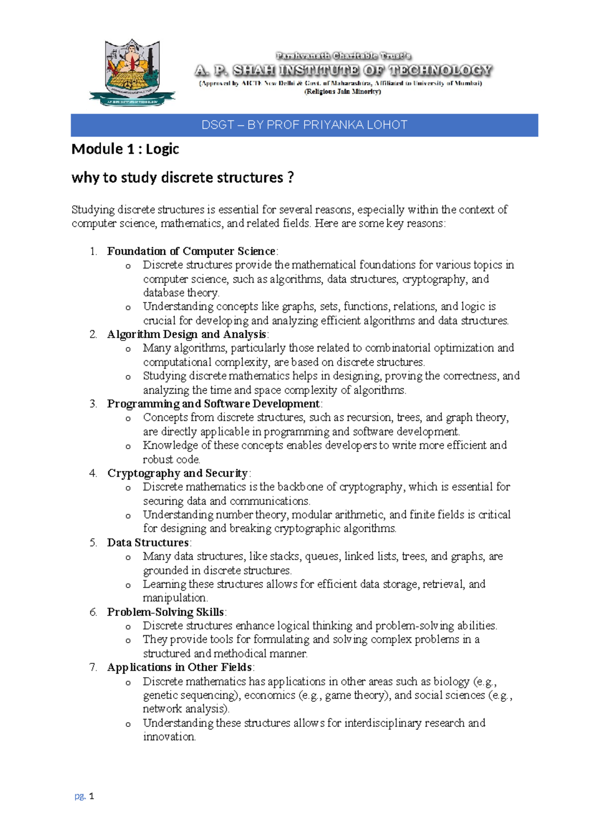 DSGT Module 1: Importance of Studying Discrete Structures - Studocu
