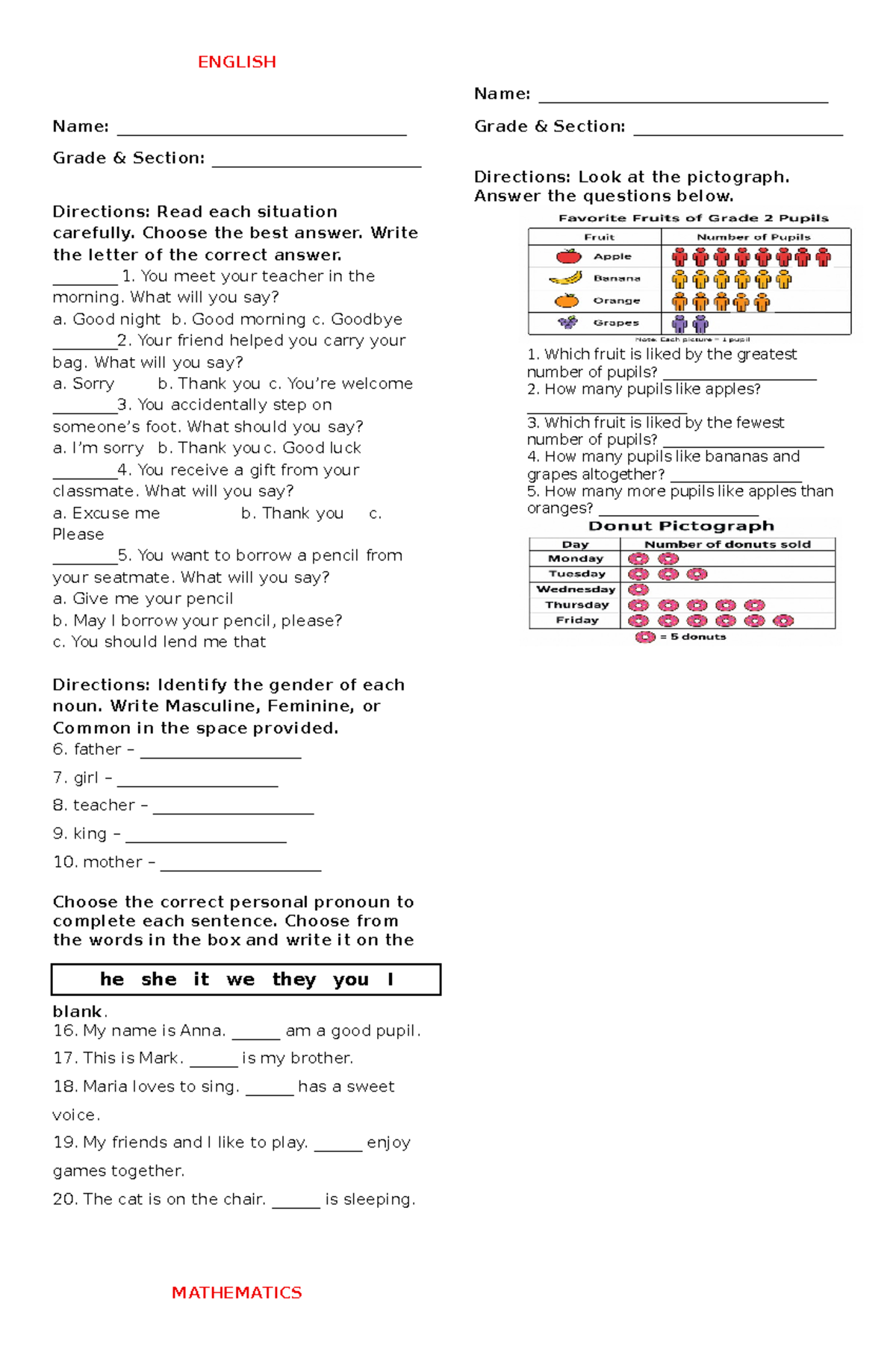 Worksheet for 3RD Quarter: English, Math, and Filipino Activities - Studocu