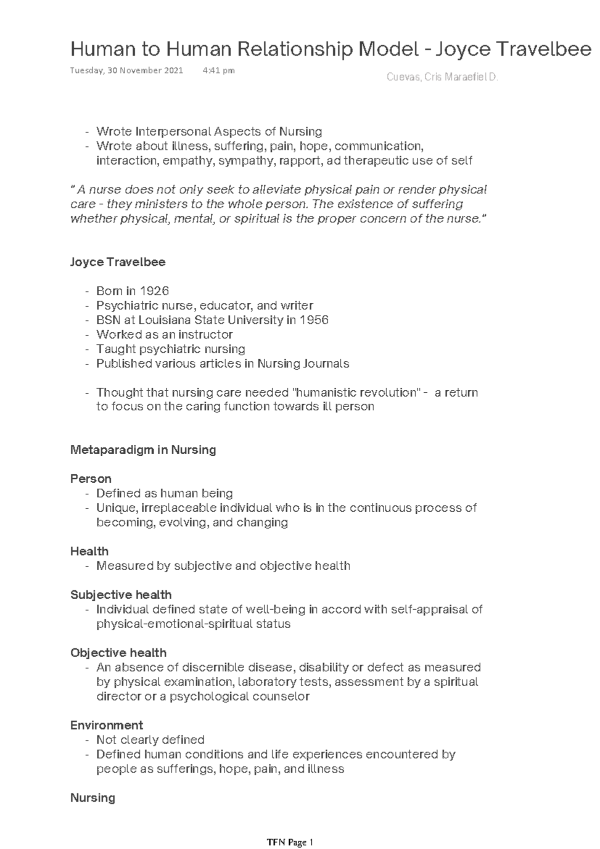 Human to Human Relationship Model - Joyce Travelbee - Wrote ...