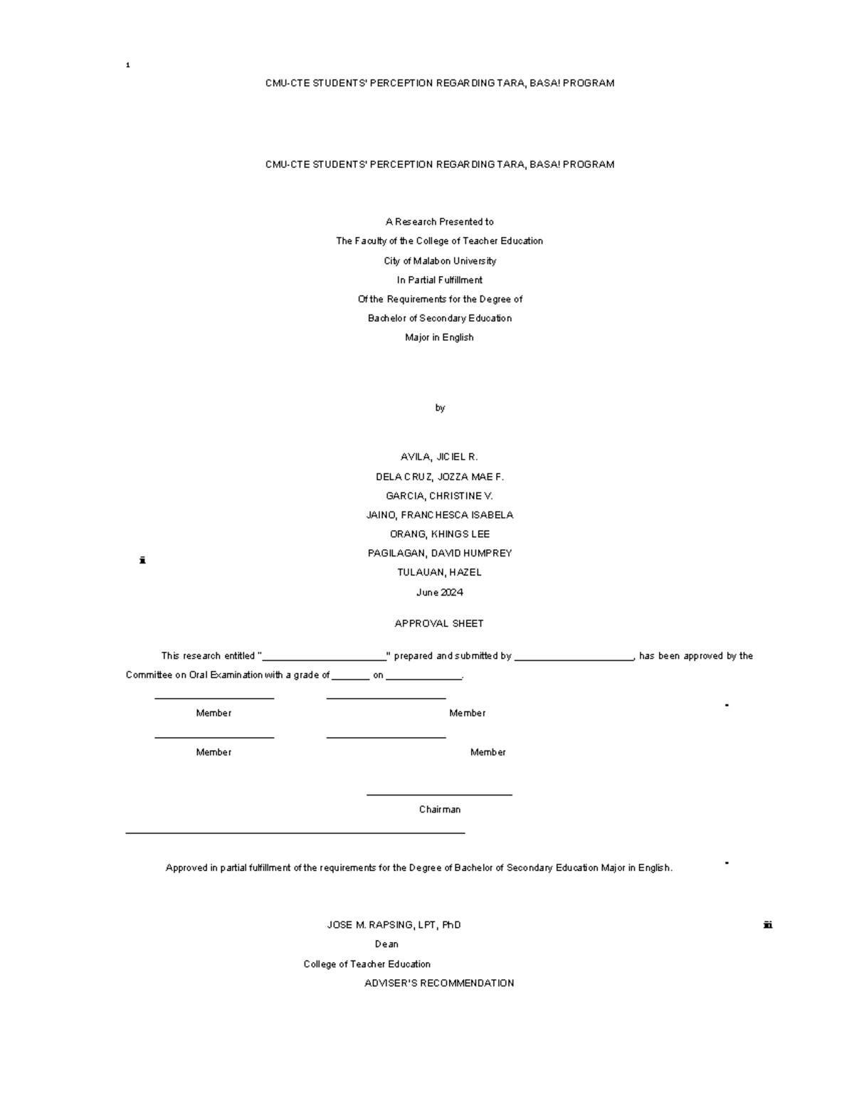 Chapter 1: Students' Perception on the 'Tara, Basa!' Program (CMU-CTE ...