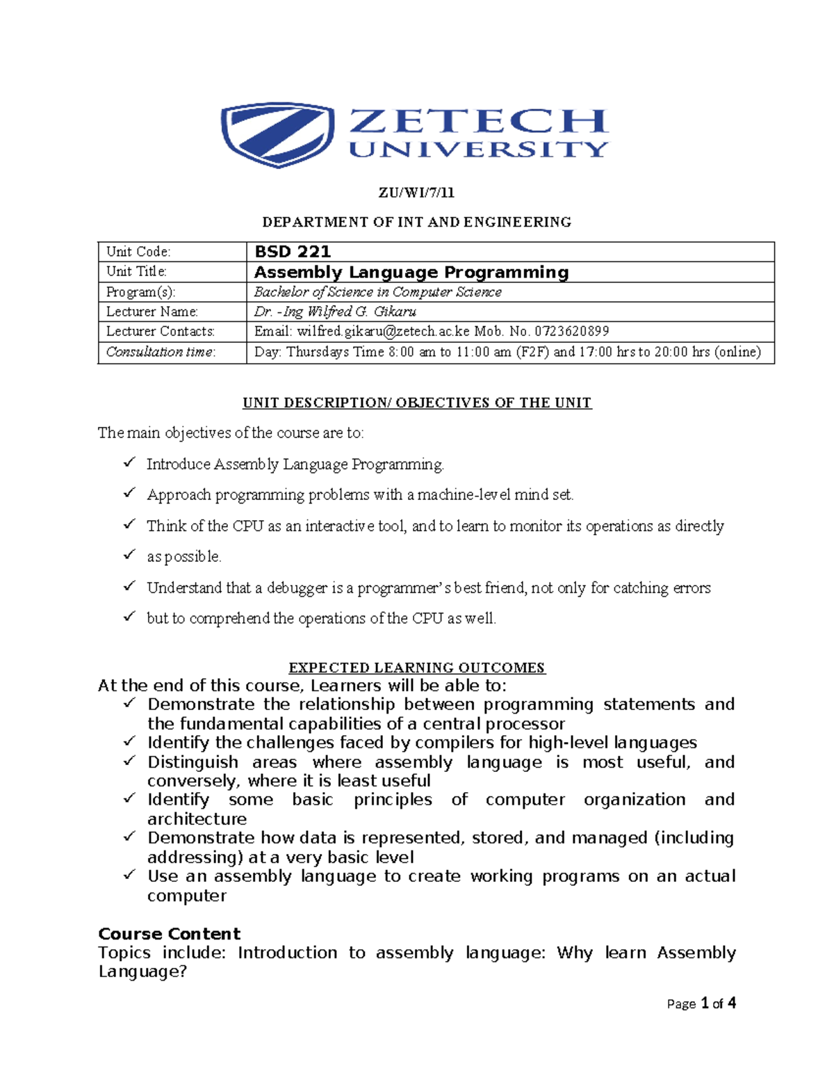 BSD 221 Course Outline: Assembly Language Programming Overview - Studocu