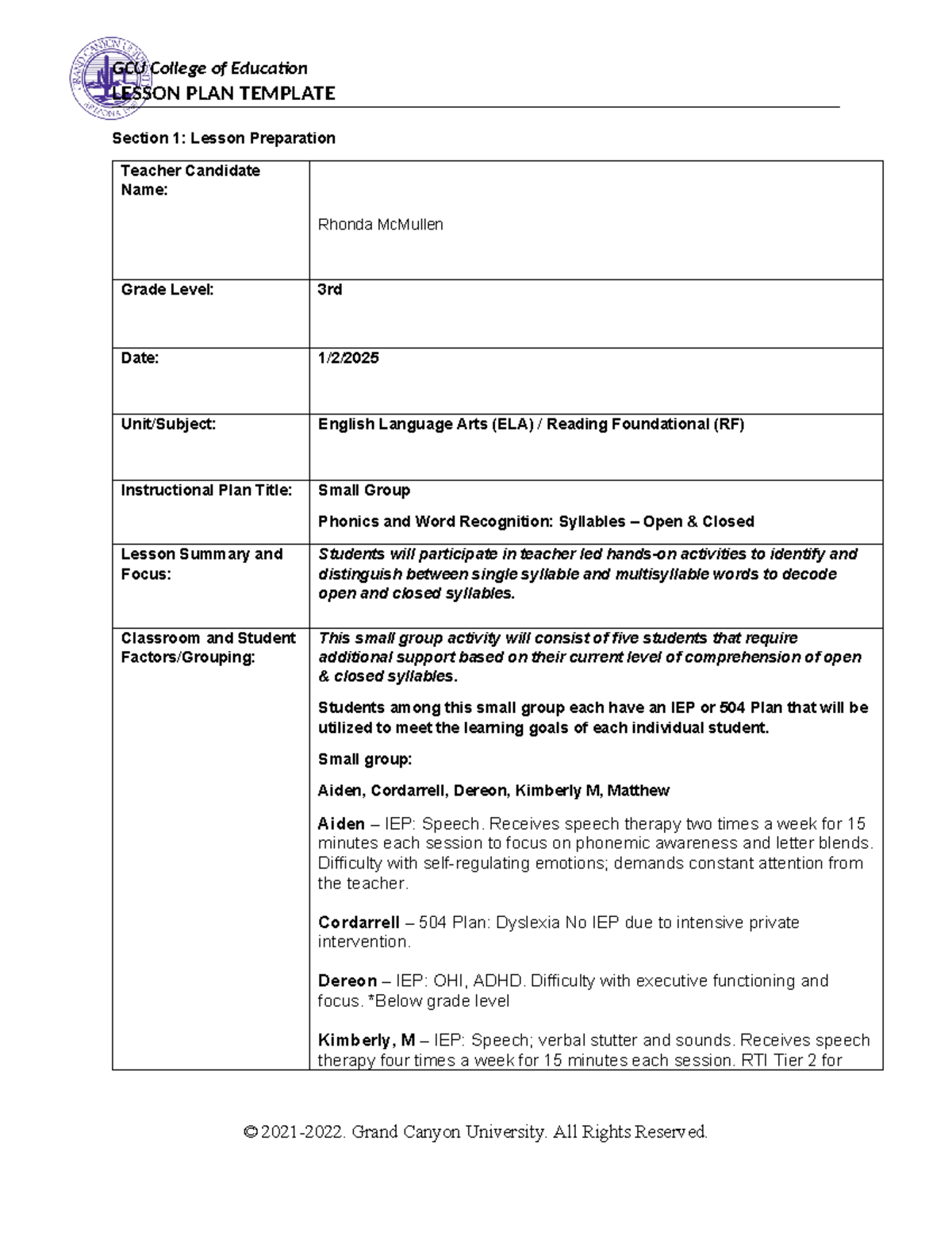 SPD578 Benchmark - Using the “COE Lesson Plan Template,” and the “Class ...