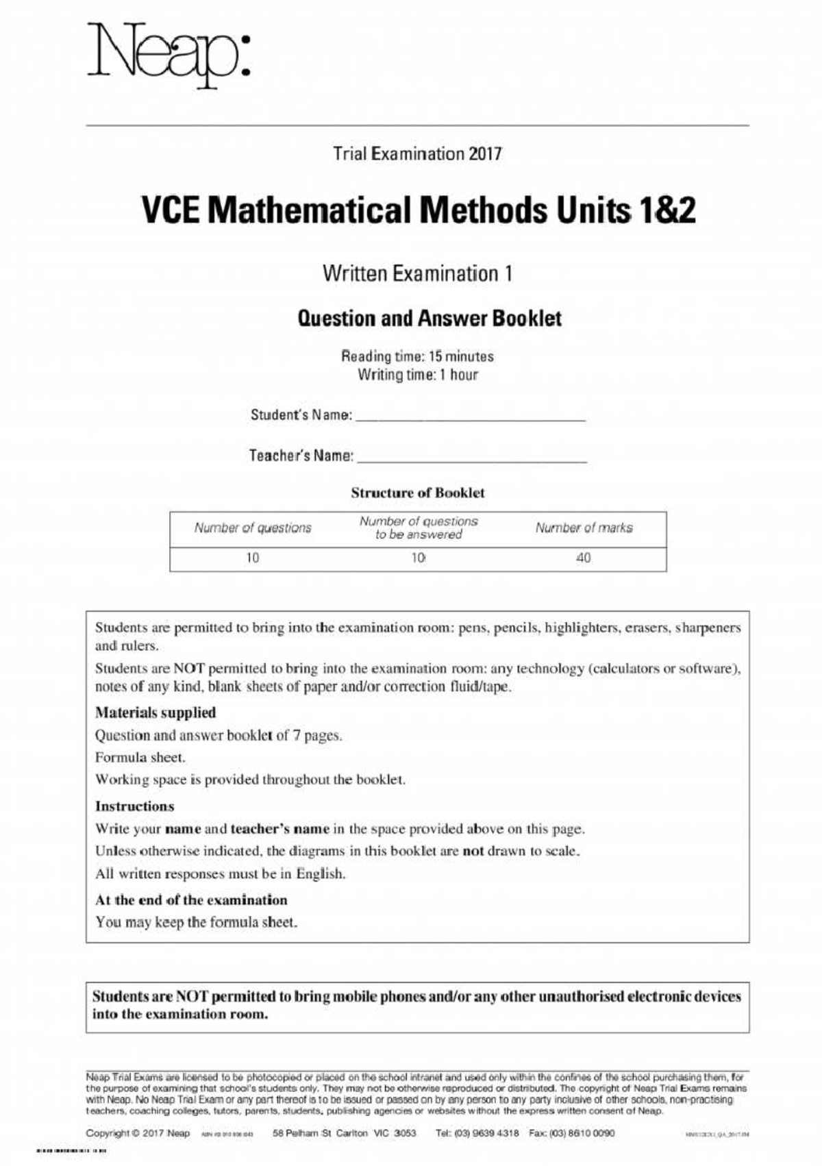 VCE Mathematical Methods Units 1&2 Trial Exam 1 Solutions (2017) - Studocu