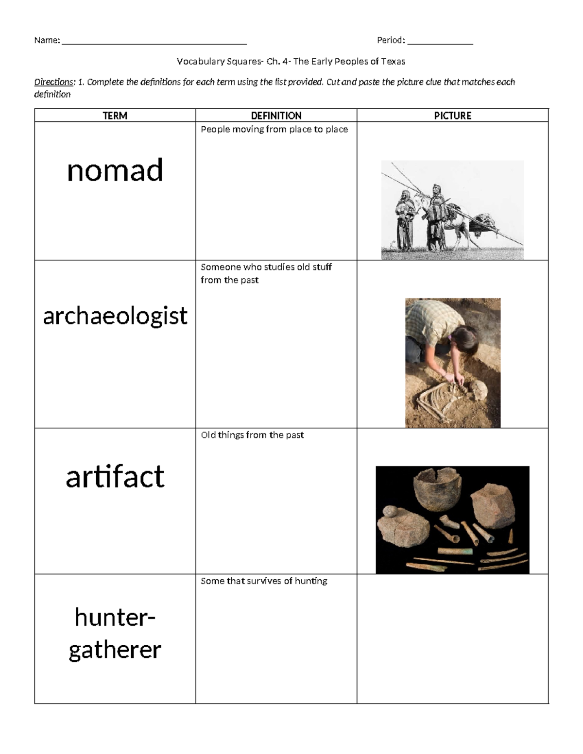 Ch. 4 Vocabulary Squares: The Early Peoples of Texas (6281a9-560644 ...