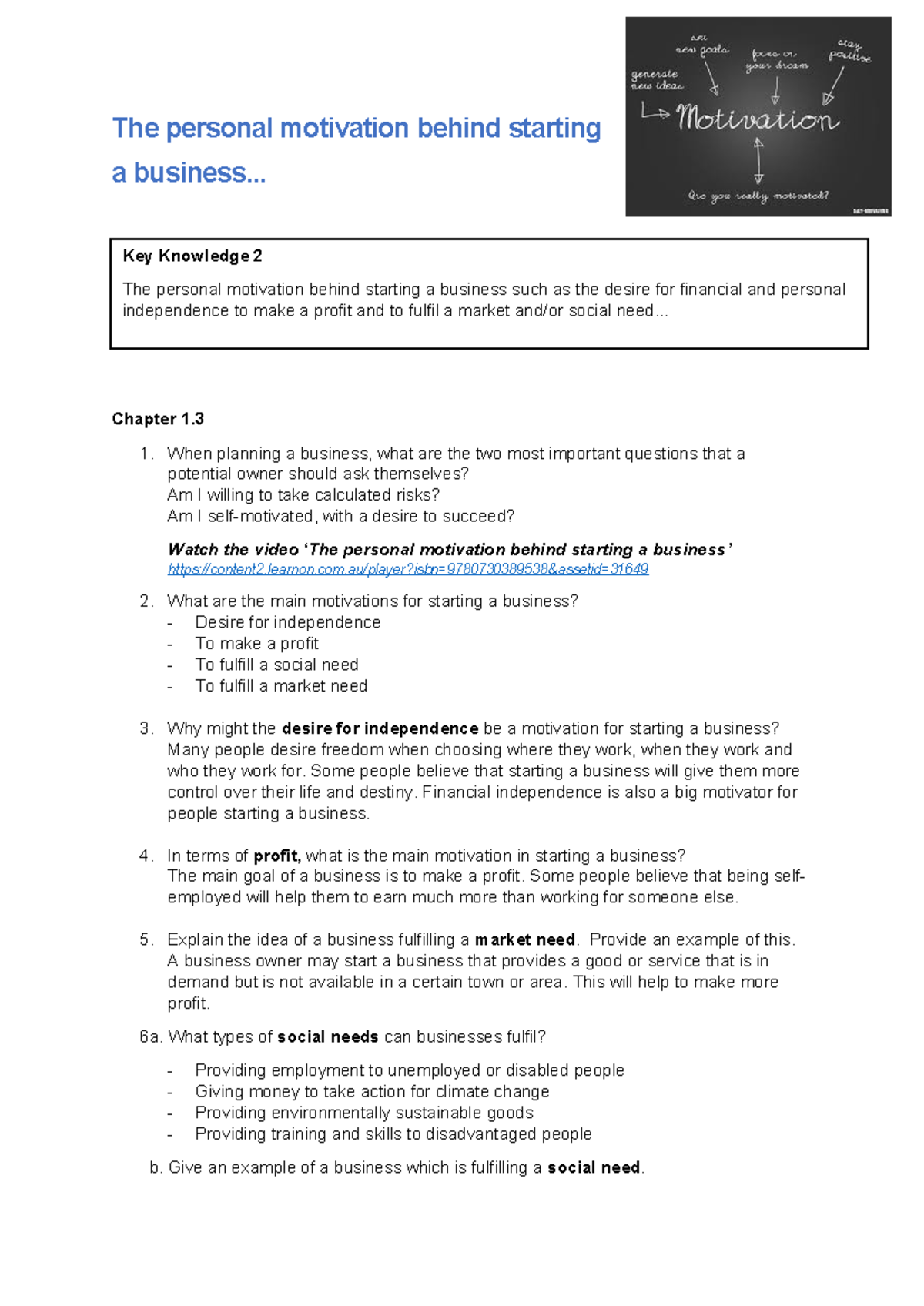 KK2 - The personal motivation behind starting a business - .. Chapter 1 ...