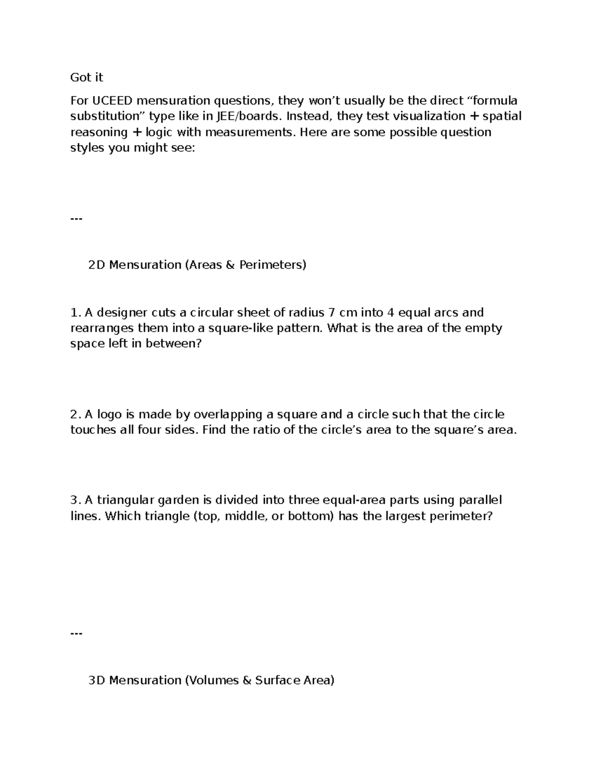 UCEED Mensuration Practice Questions and Visualization Techniques - Studocu