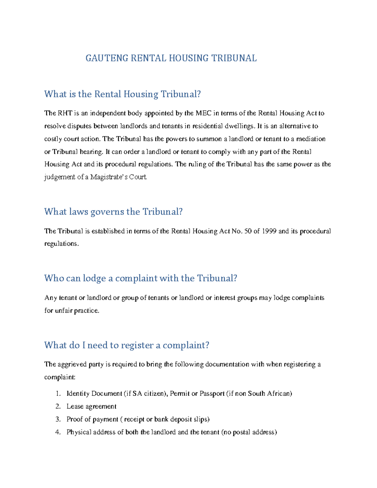 GAUTENG RENTAL HOUSING TRIBUNAL FAQs: Understanding Your Rights and ...