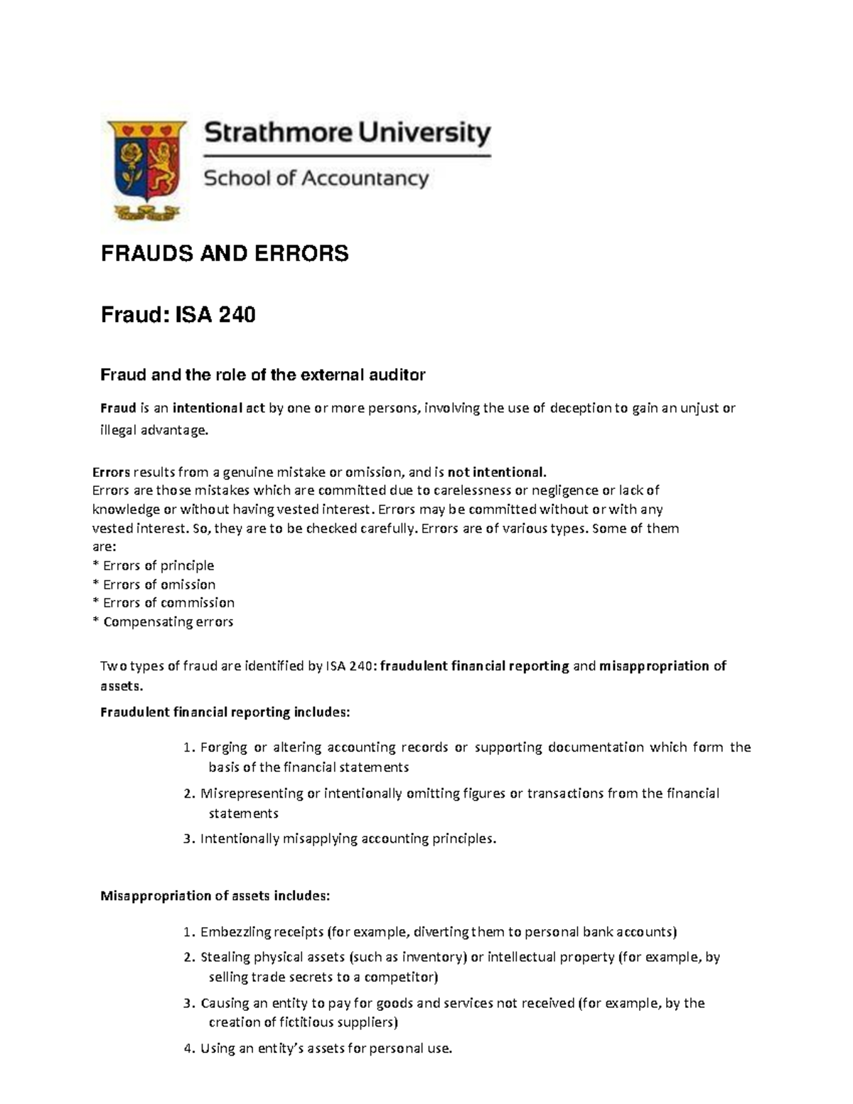 FRAUDS AND ERRORS: Understanding ISA 240 and Auditor Responsibilities ...