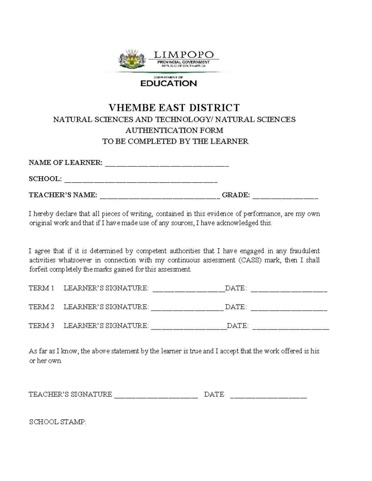 VHEMBE EAST DISTRICT NST & NS Auth Form for Learner Assessment - Studocu