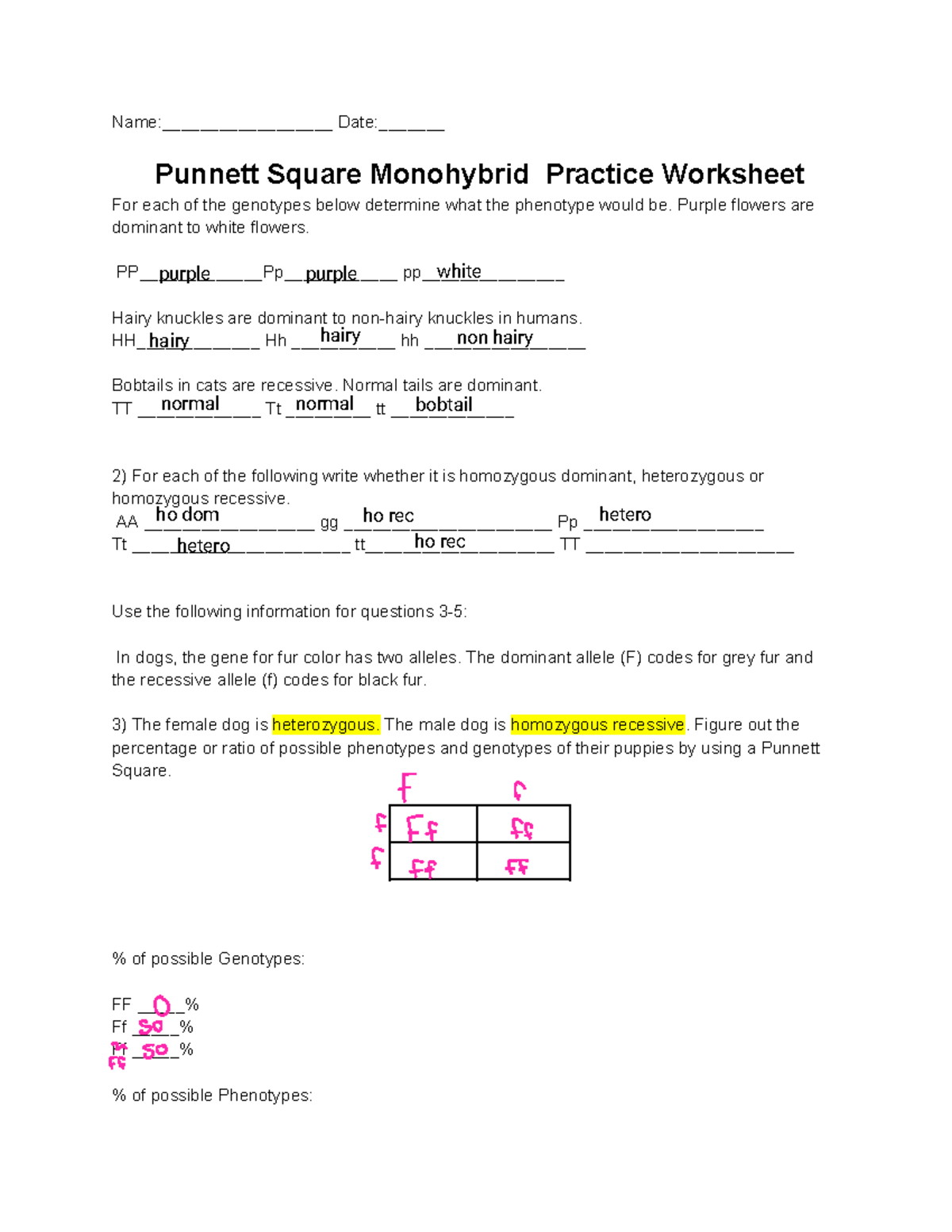 Punnett Square Monohybrid Practice Worksheet for Genetics - Studocu